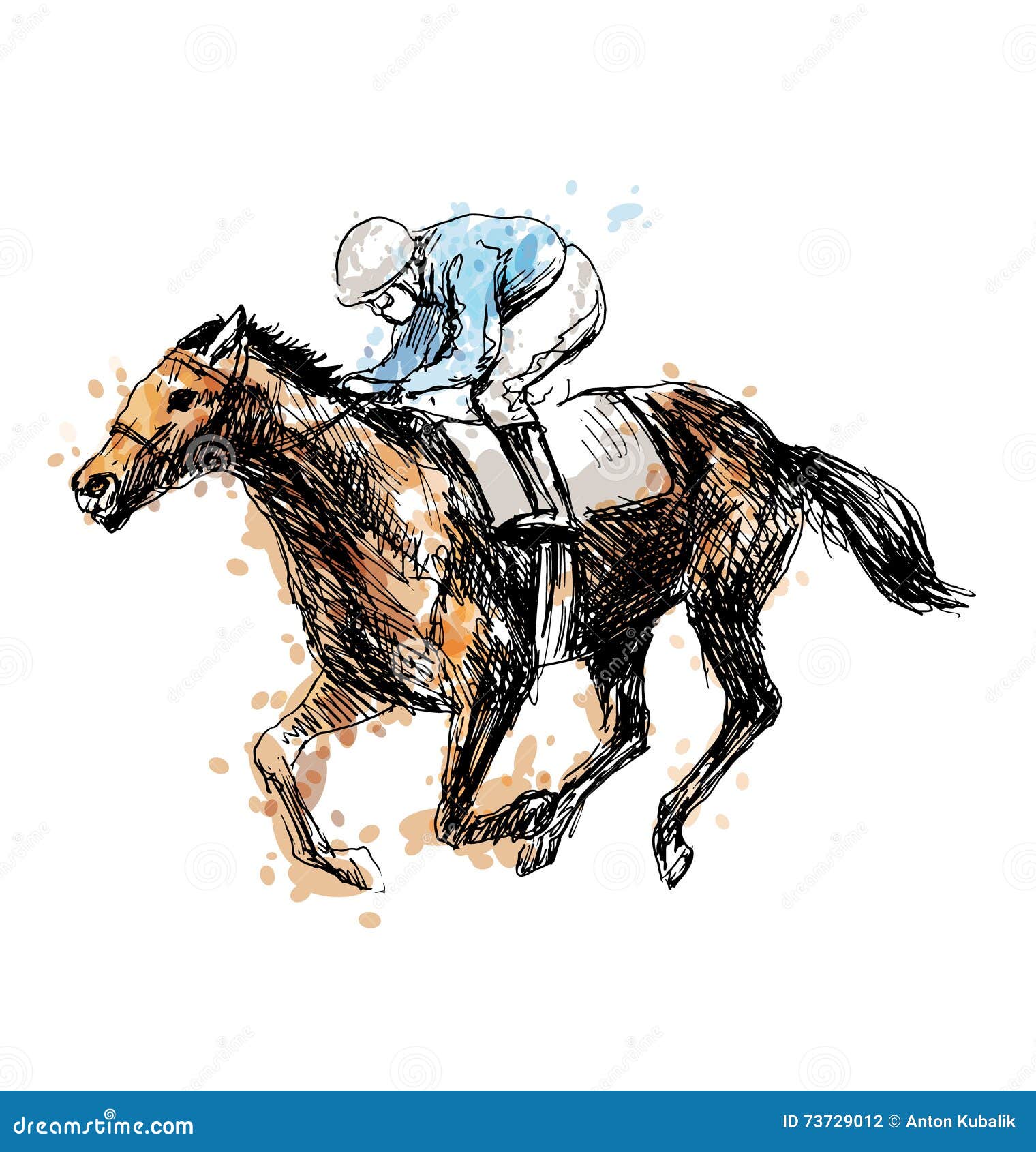Colored Hand Drawing a Rider with a Horse Stock Vector - Illustration ...