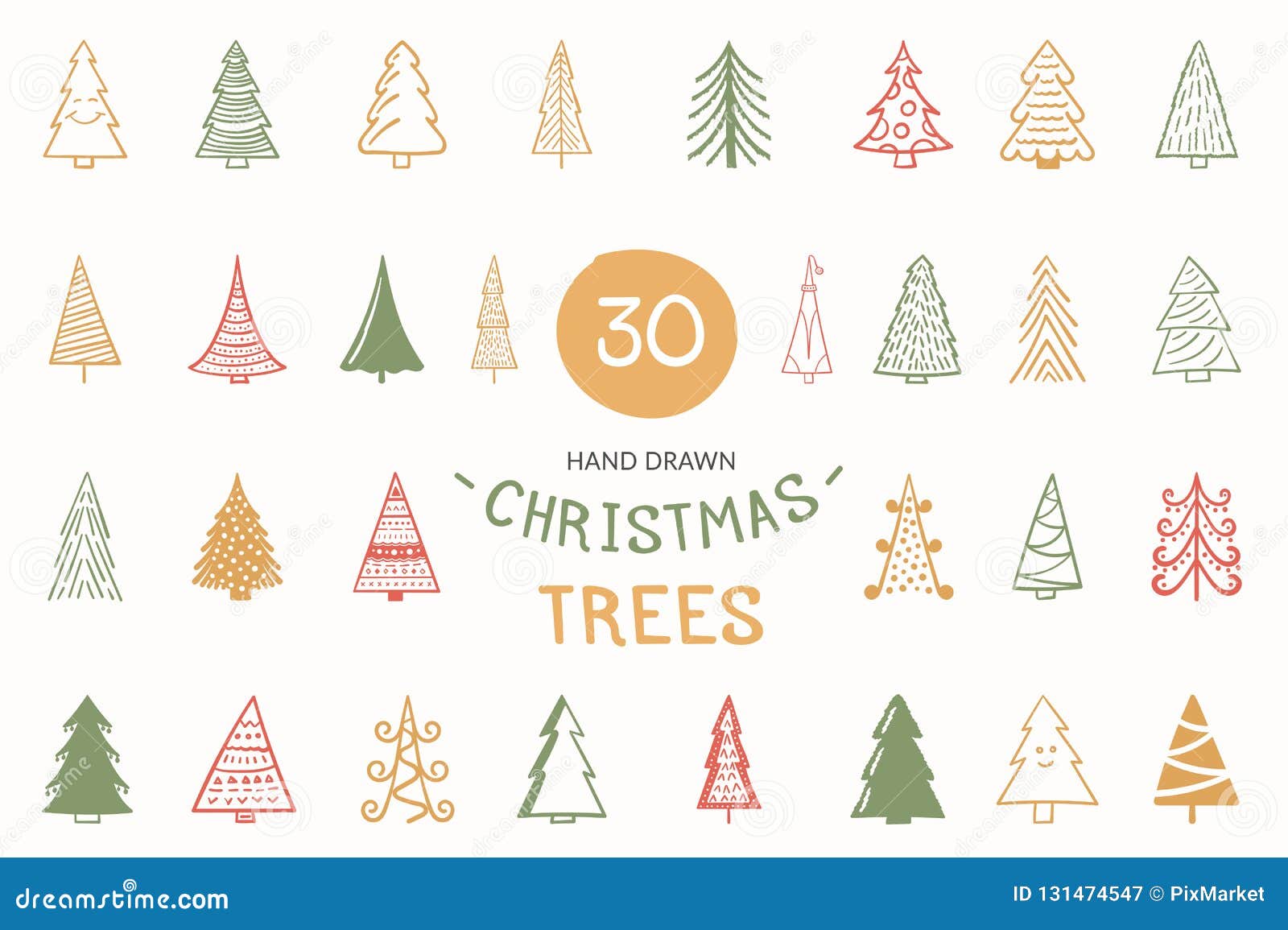 30 Colored Hand Drawn Christmas Trees, Vector Eps10 Illustration Stock ...