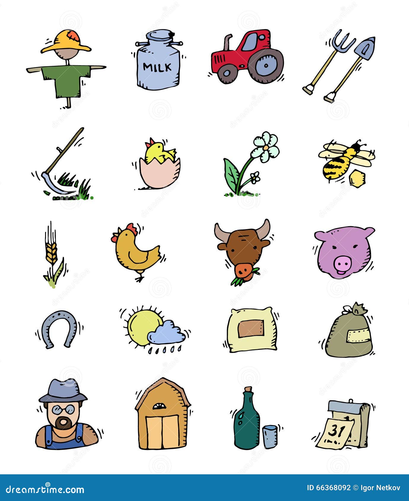 Colored Hand Drawn Farm Icon Set Stock Vector - Illustration of ...