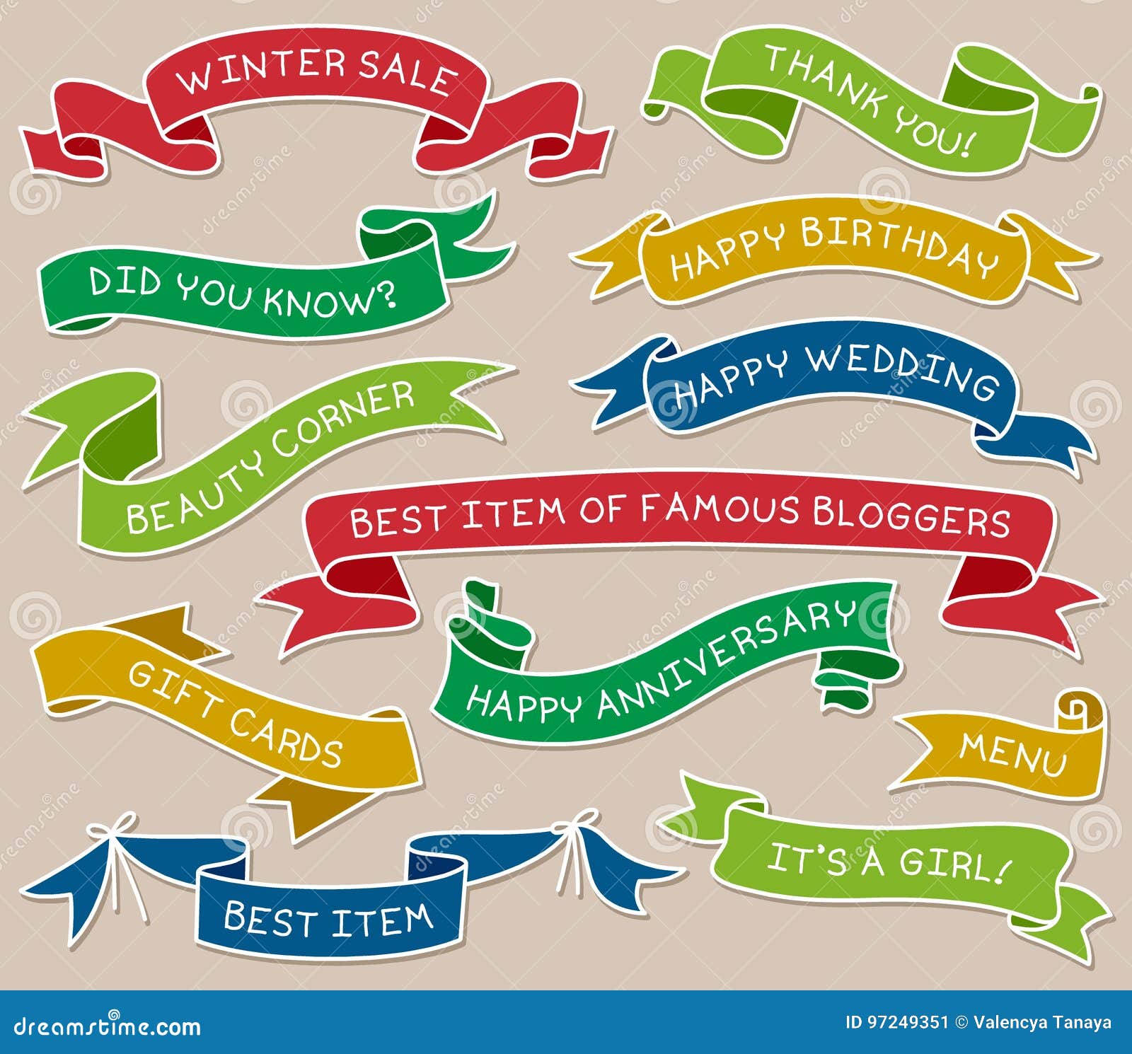 Colored Hand Drawn Ribbon Banners Set with Handwritten Messages Stock ...