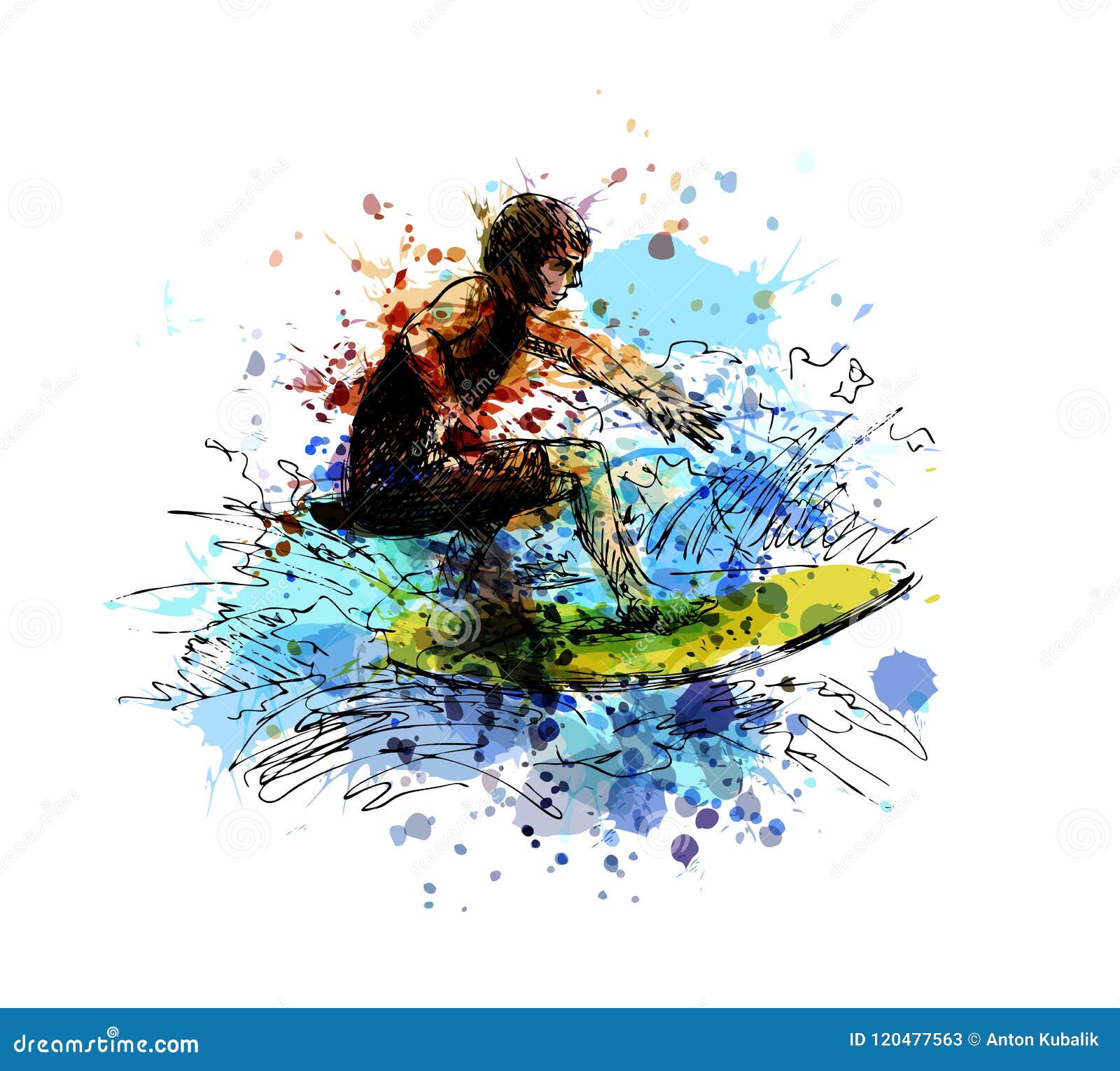 Colored hand sketch surfer stock illustration. Illustration of leisure ...