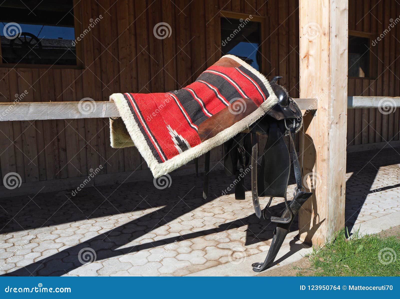 Colored Horse Saddle in a Farm Stock Photo - Image of accessories ...