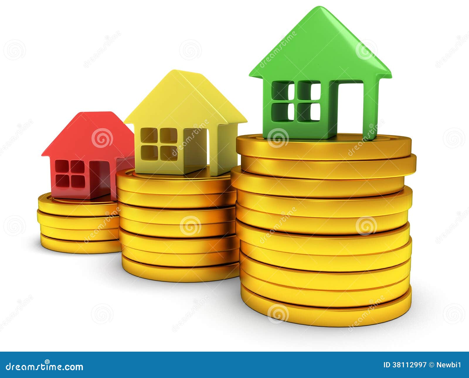 Colored Houses One Stack of Coins. 3d Render. Stock Illustration ...