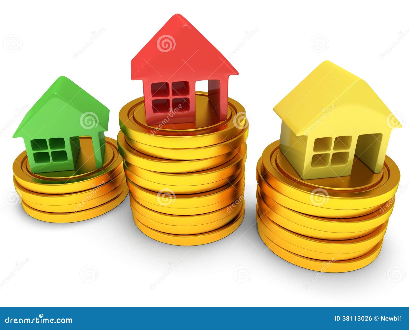 Colored Houses One Stack of Coins. 3d Render. Stock Illustration ...