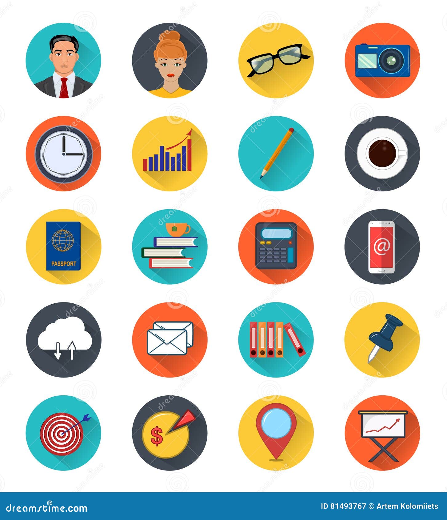 Colored Icons of Office Elements Set. Stock Vector - Illustration of ...