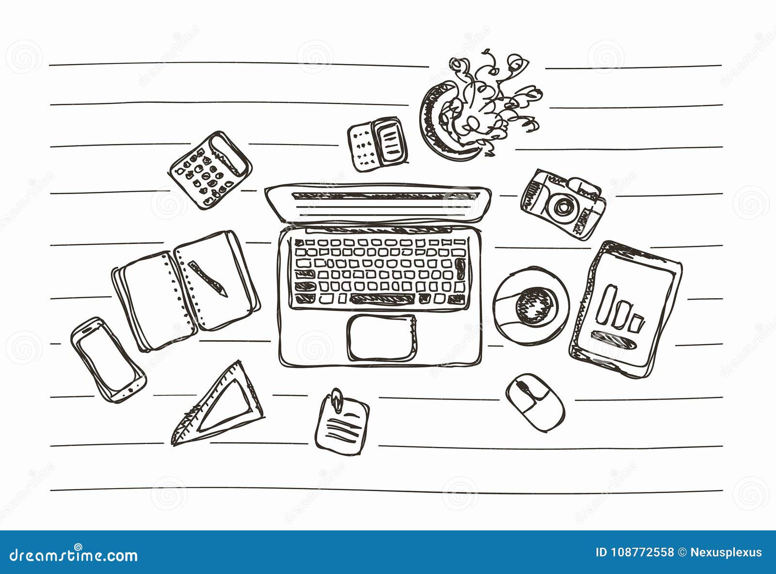 Drawn Image of Work Table with Objects Stock Illustration ...