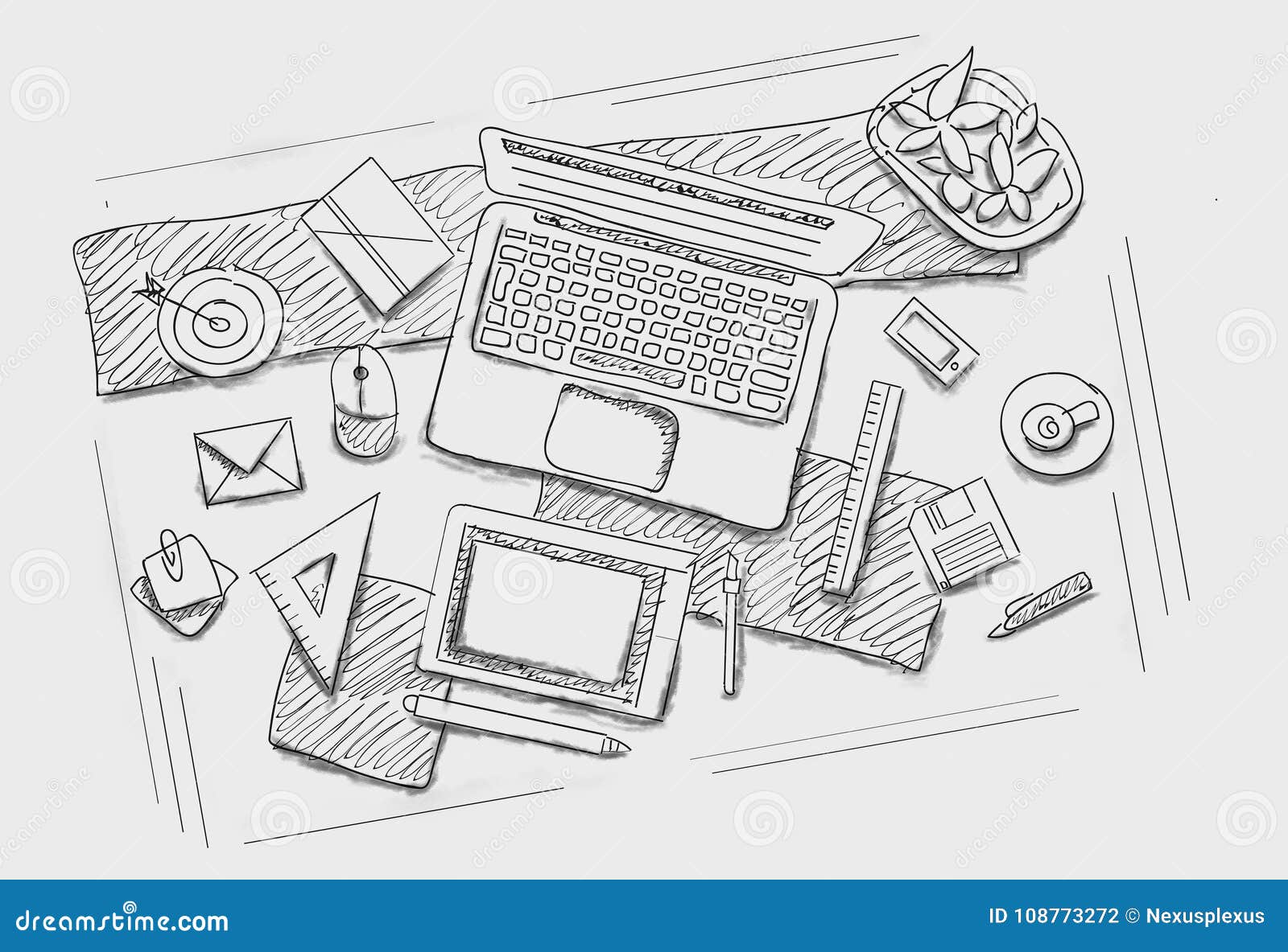 Drawn Image of Work Table with Objects Stock Illustration ...