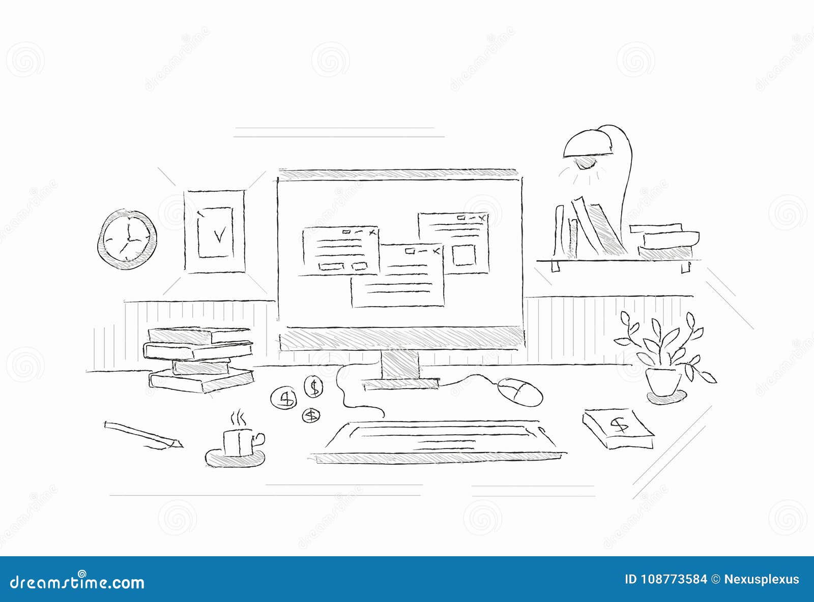Drawn Image of Work Table with Objects Stock Illustration ...