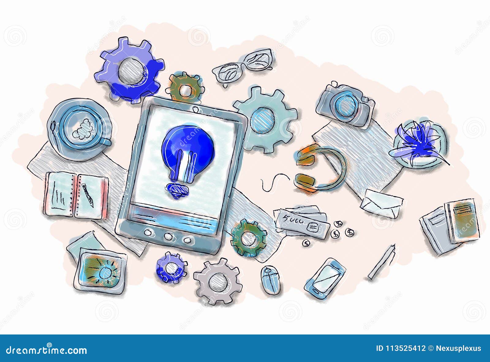 Drawn Image of Work Table with Objects Stock Illustration ...