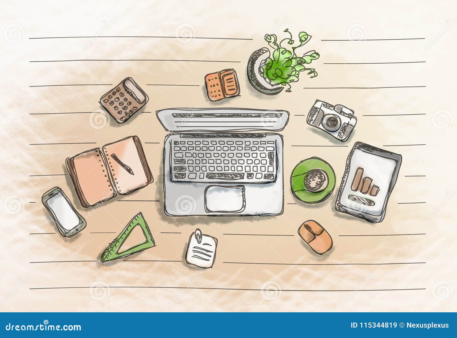 Drawn Image of Work Table with Objects Stock Illustration ...