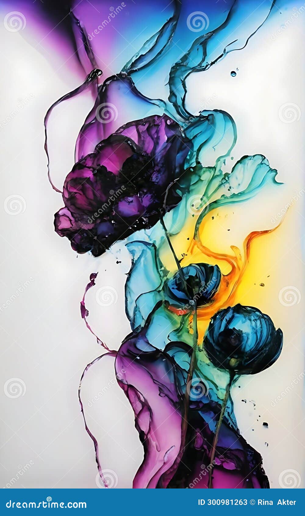 Colored Ink and Water Splash Art, Emerging with Flowers. Stock ...