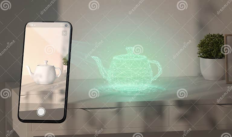 Colored Kettle Hologram Stand on Table Phone Display Augmented Reality ...
