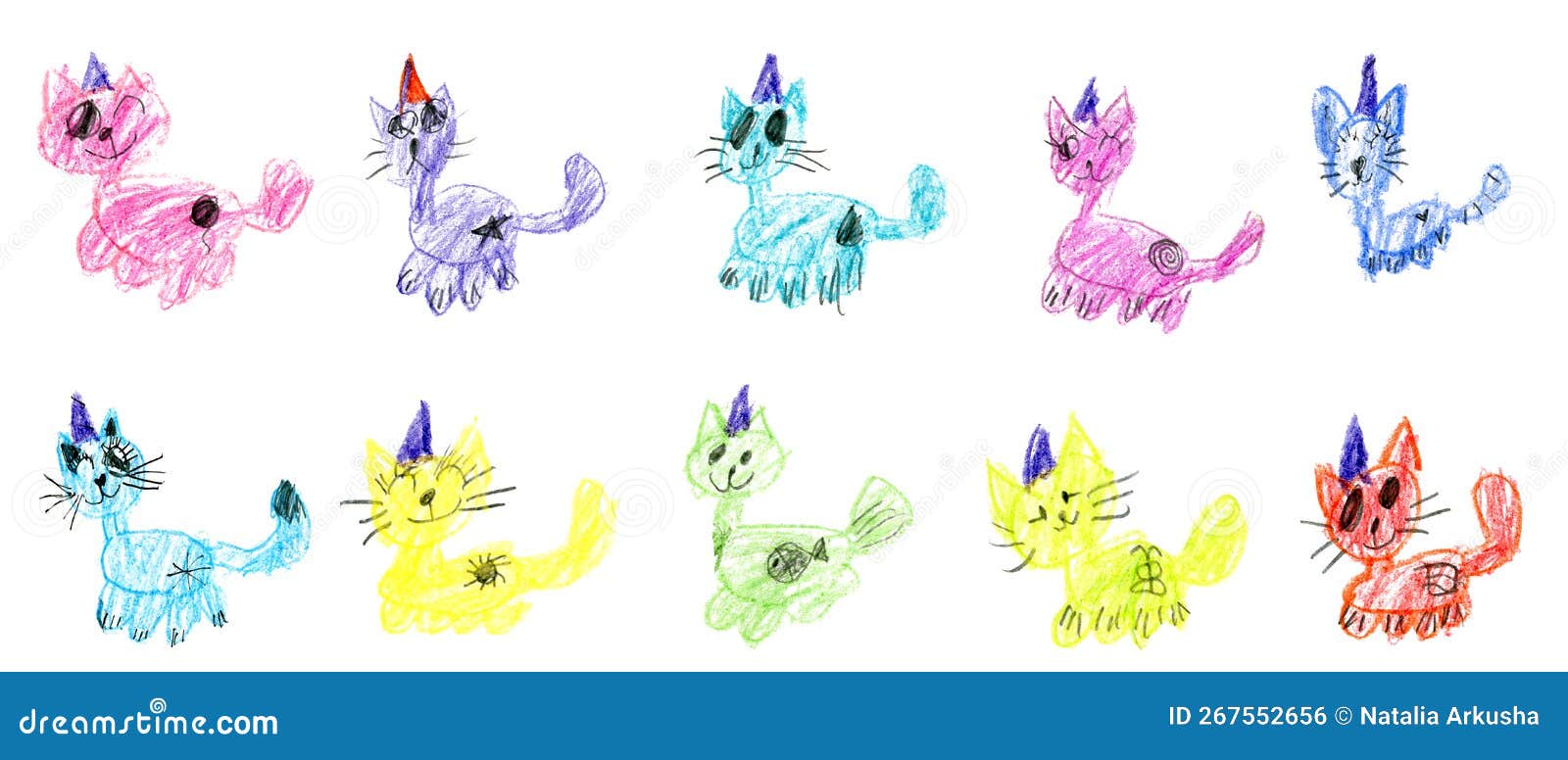 Colored Kid S Crayon Hand Drawn Illustration Cats Set Stock ...