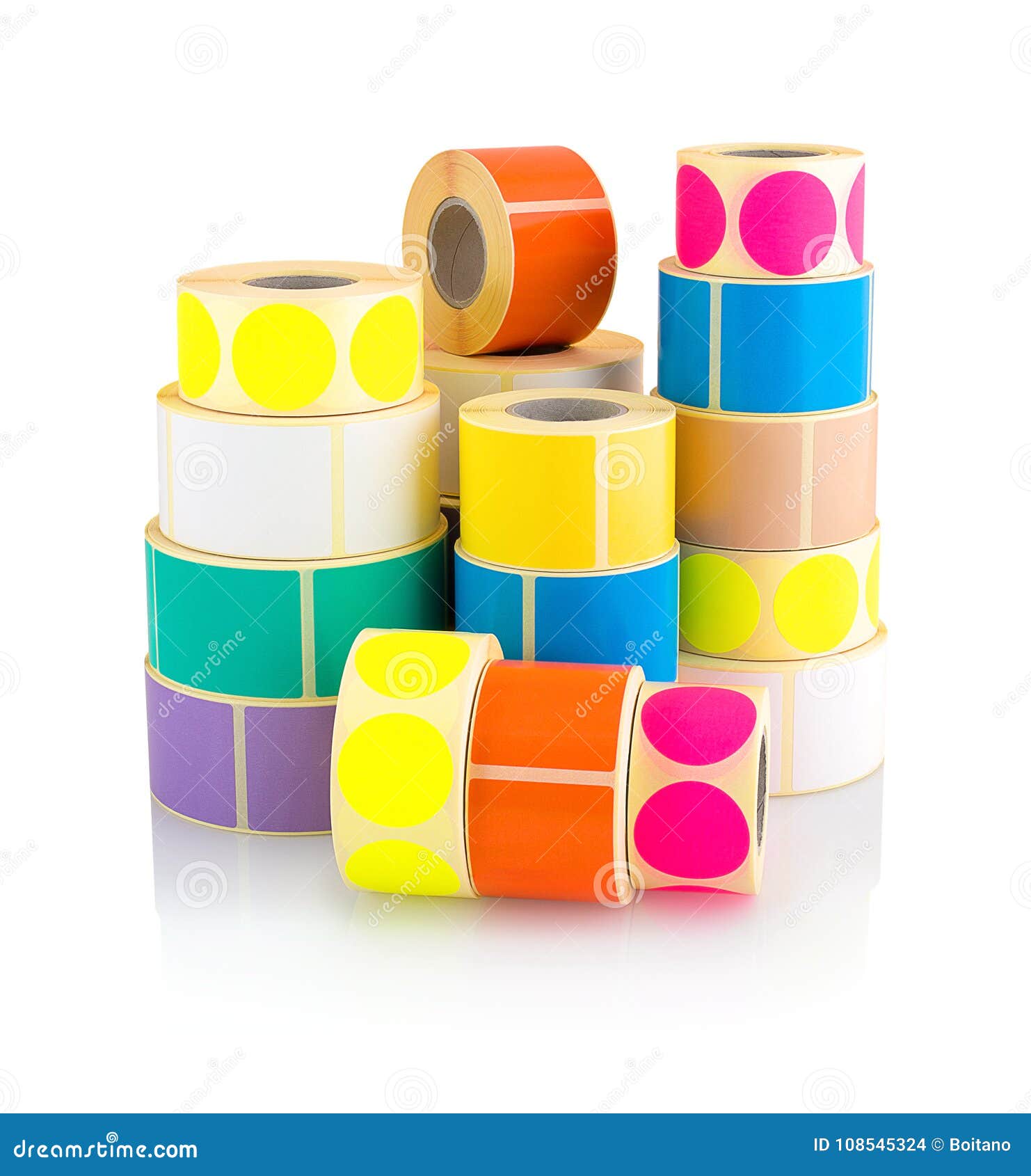 Colored Label Rolls Isolated on White Background with Shadow Reflection ...