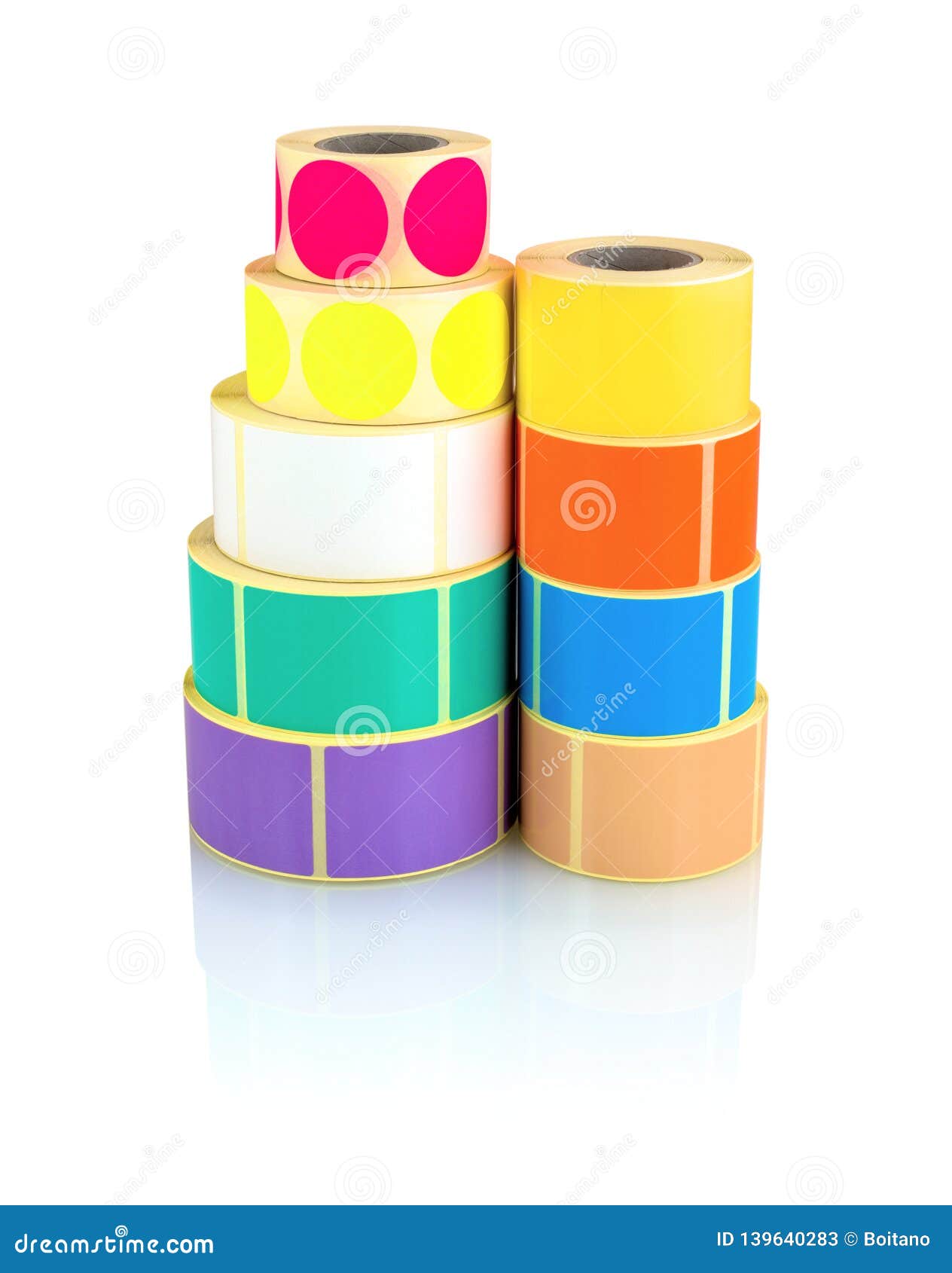 Colored Label Rolls Isolated On White Background With Shadow Reflection ...