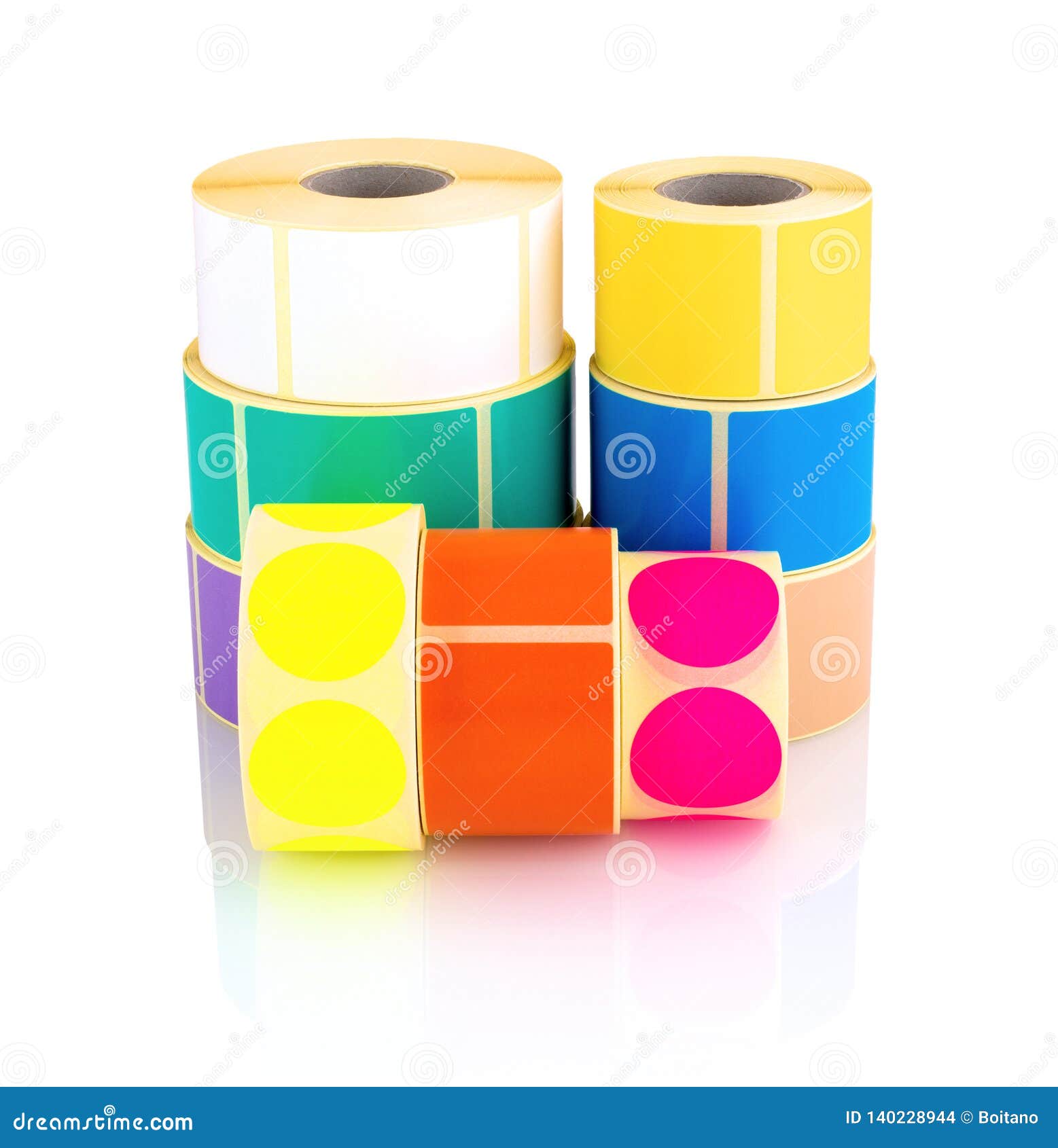 Colored Label Rolls Isolated On White Background With Shadow Reflection ...