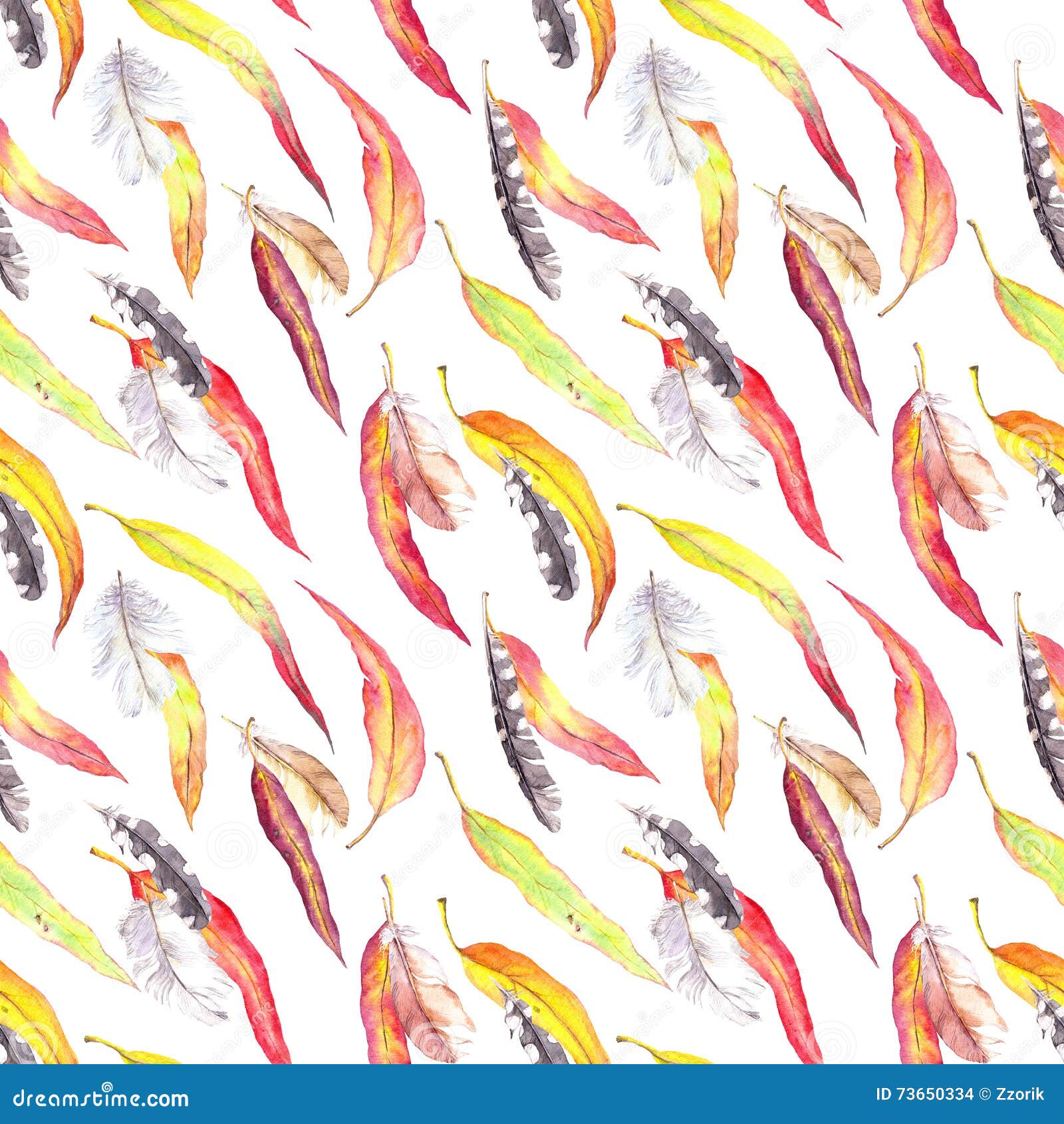 Colored Leaves, Feathers. Seamless Autumn Pattern. Watercolor - Vintage ...