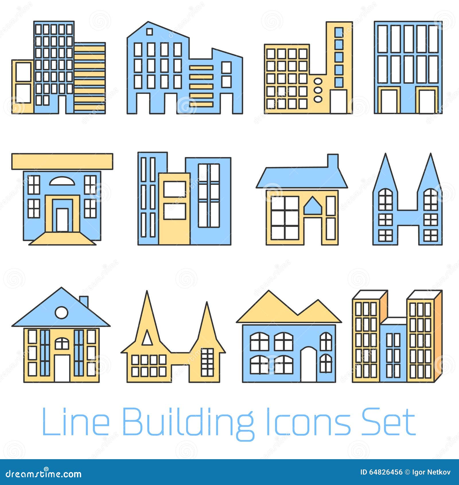 Colored Line Building Icons Set Stock Vector - Illustration of district ...