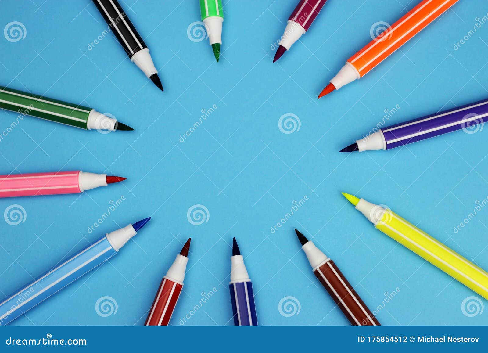 Colored Markers on a Blue Background , Frame, Template, Space for Text ...