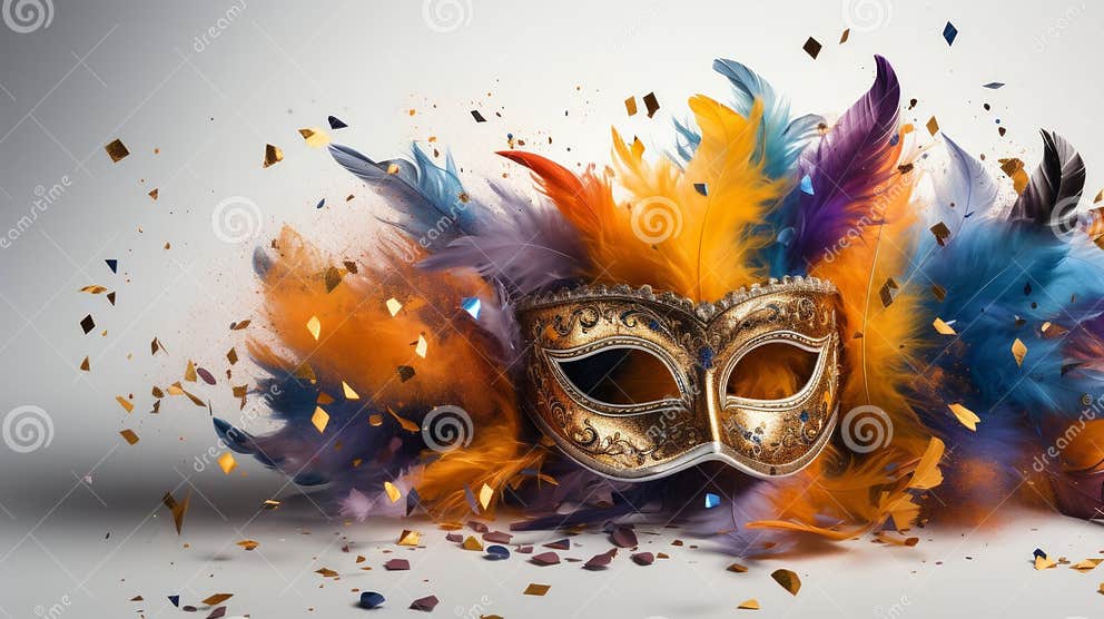 Colored Masquerade Mask with Feathers and Confetti Stock Image - Image ...
