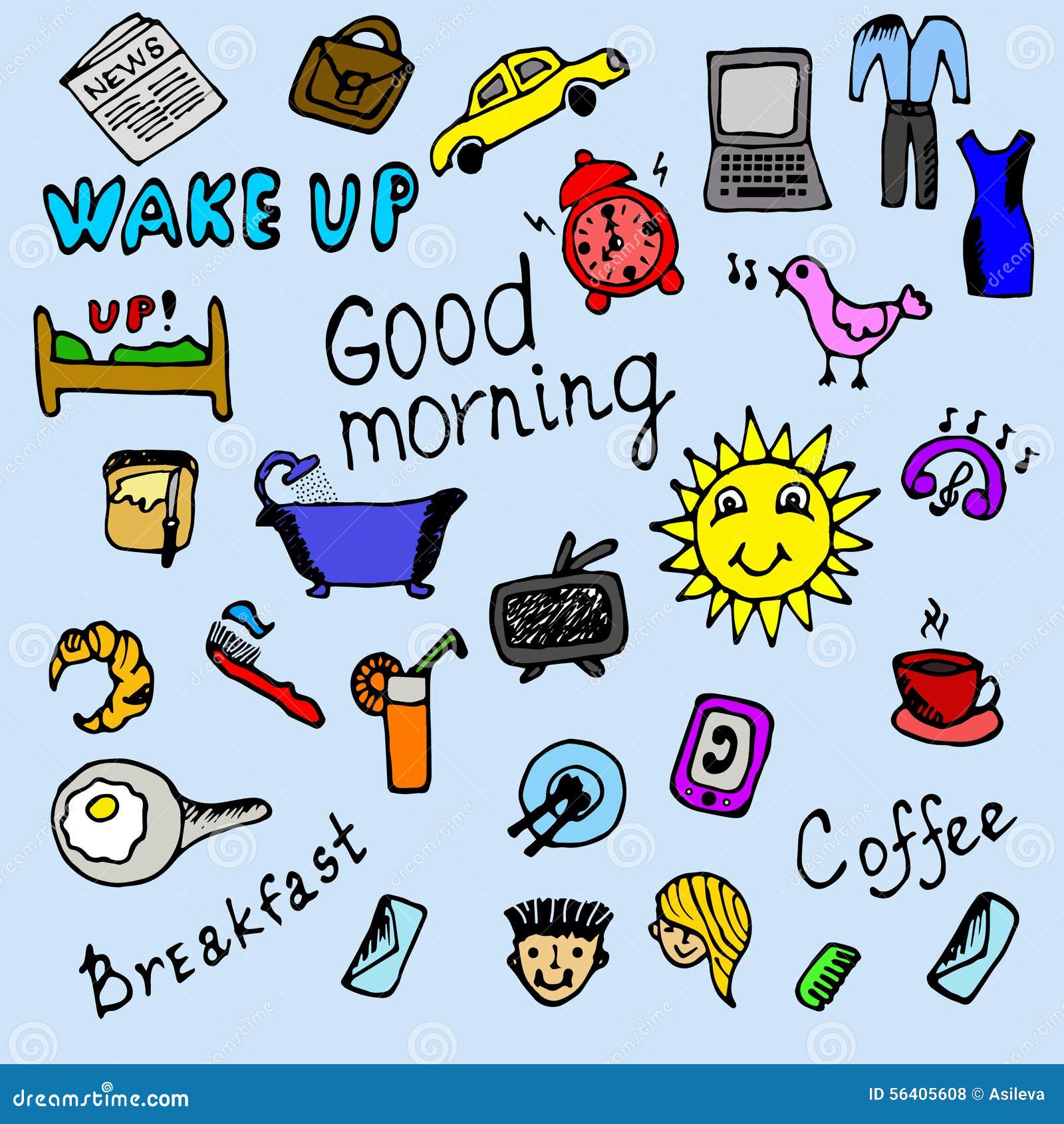 Colored morning icons set stock vector. Illustration of good - 56405608