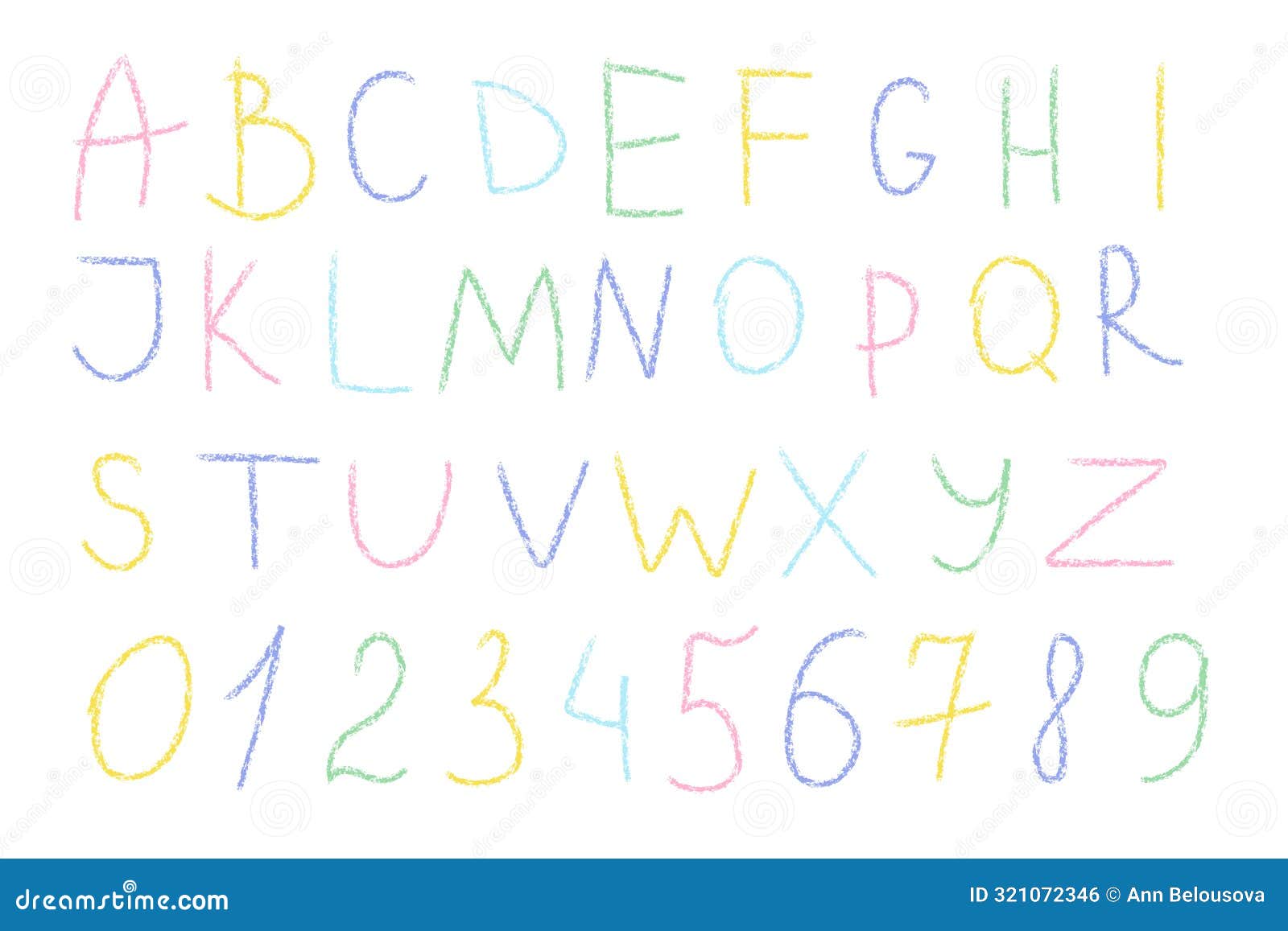 Colored Numbers, Letters Alphabet Scribbled in Wax Pencil, on White ...