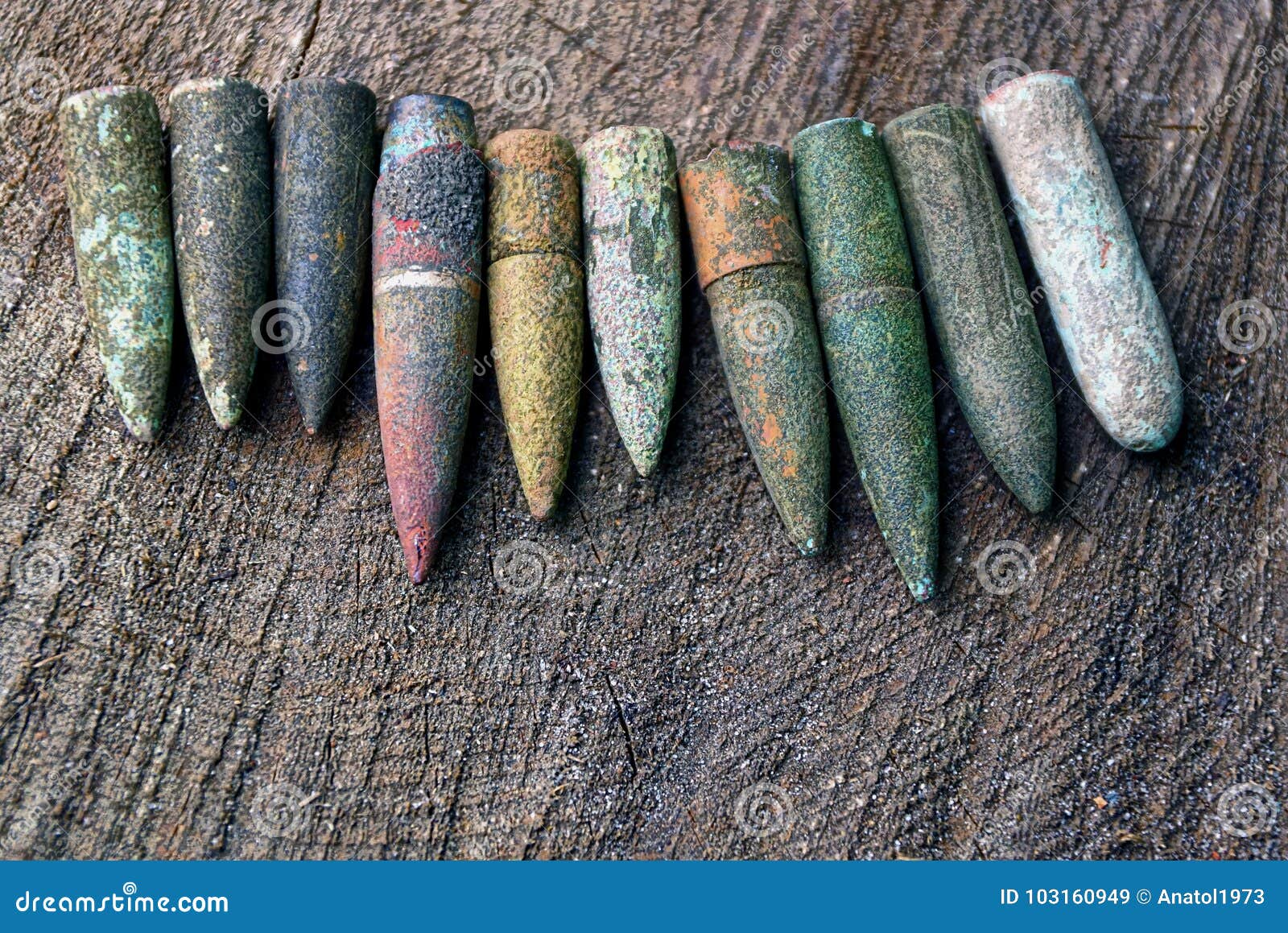 Colored Old Bullets on a Wooden Board Stock Image - Image of brass ...