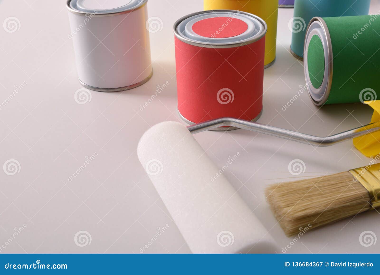 Colored Paint Pots and Tools on White Table Elevated View Stock Image ...