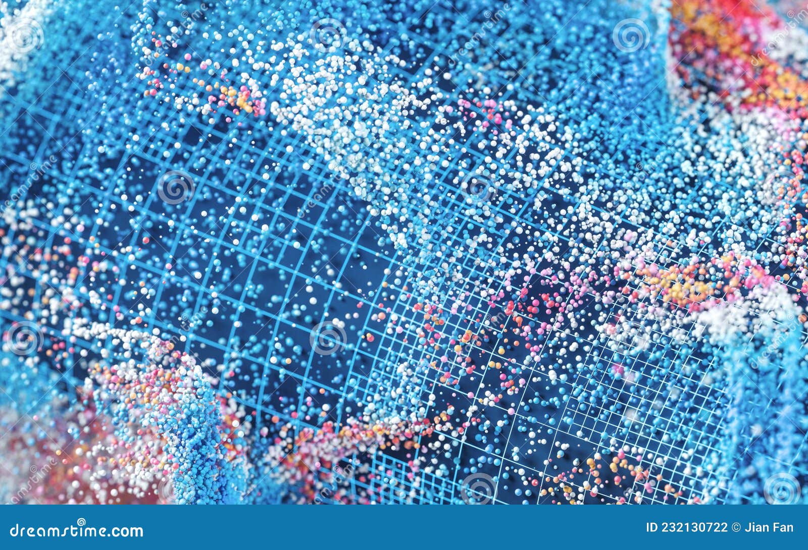 Colored Particles with Blue Background, 3d Rendering Stock Illustration ...
