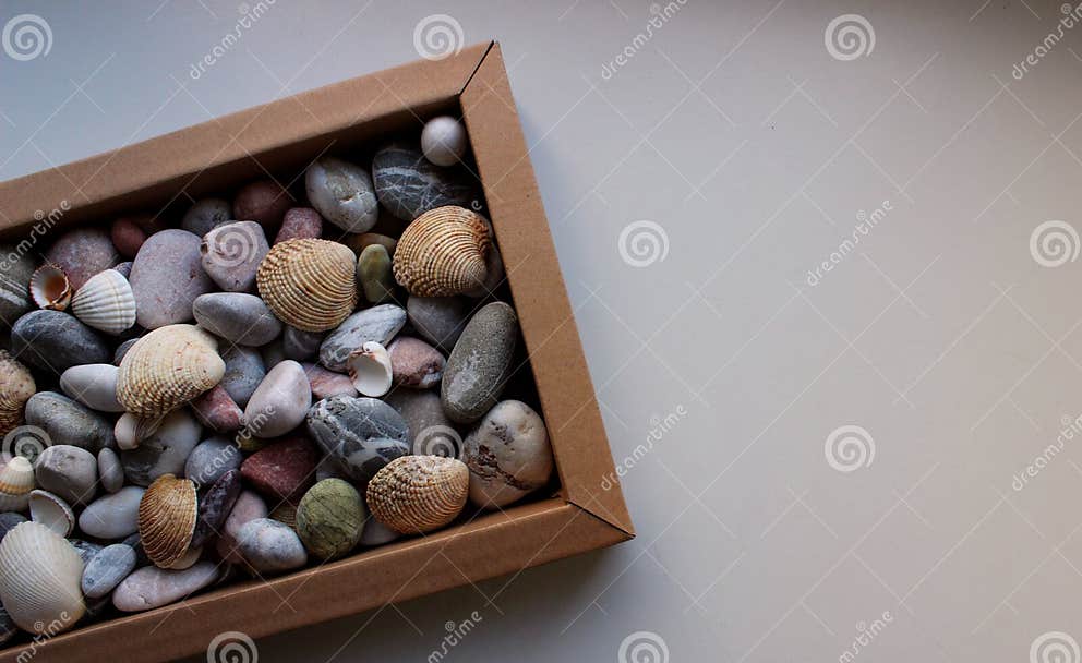 Colored Pebbles and Shells in a Gift Box on a Side of Image Stock Image ...
