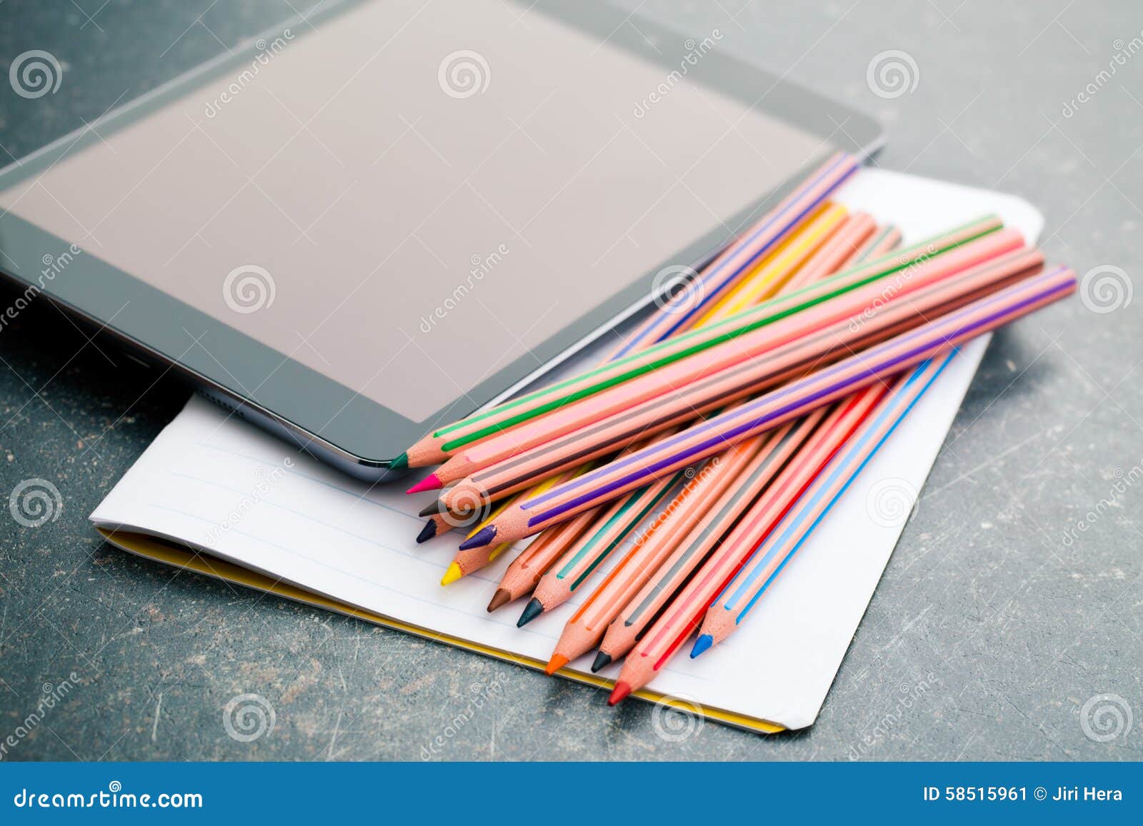 Colored Pencil , Blank Notebook and Computer Tablet Stock Image - Image ...