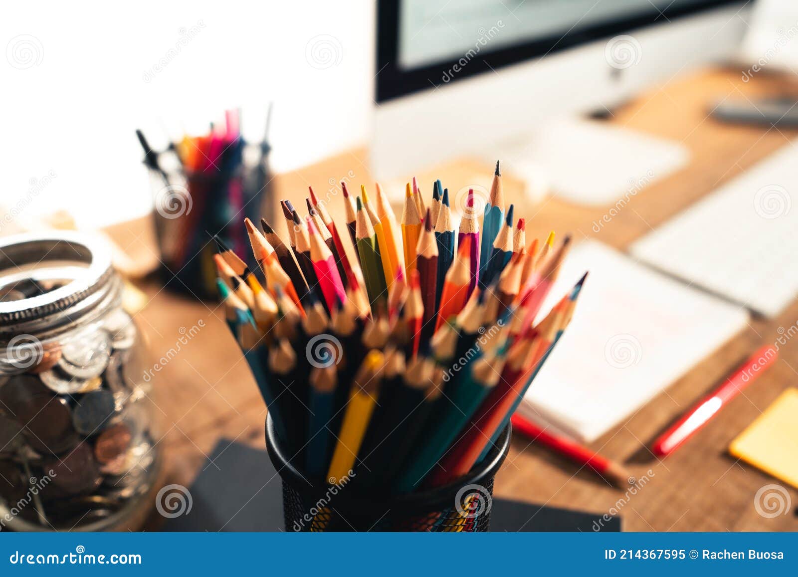 Colored Pencil Boxes on the Wooden Desk at Home Stock Image - Image of ...