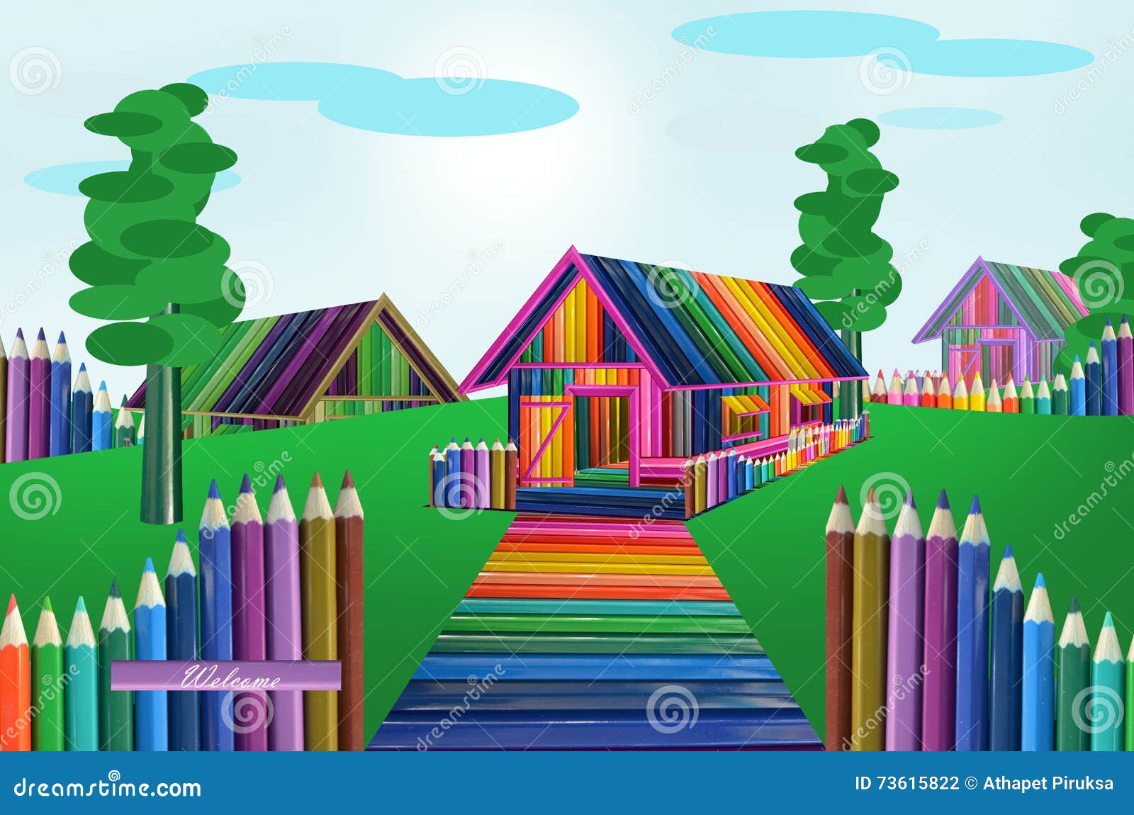 Colored Pencil House on Green Hill Stock Illustration - Illustration of ...