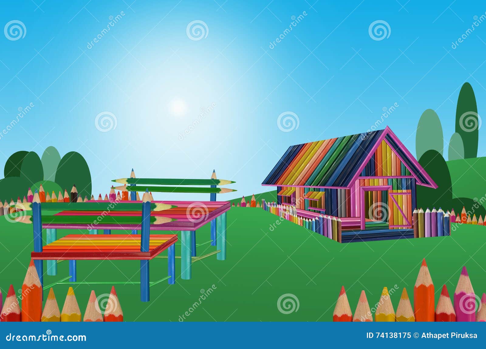 Colored Pencil House with Relax Table on the Hill Stock Illustration ...