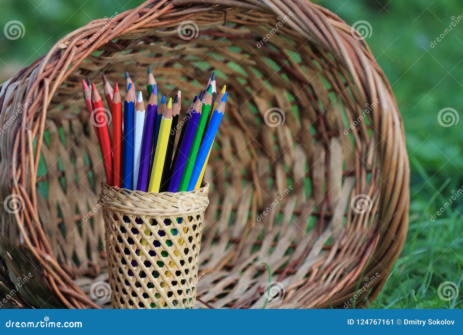 Colored Pencils with a Basket of Knowledge on the Grass Stock Image ...