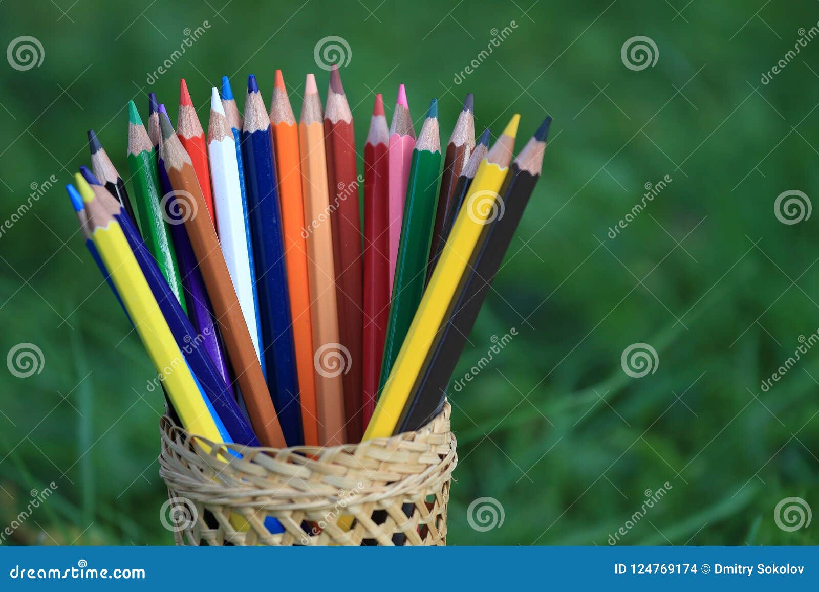 Colored Pencils with a Basket of Knowledge on the Grass Stock Photo ...