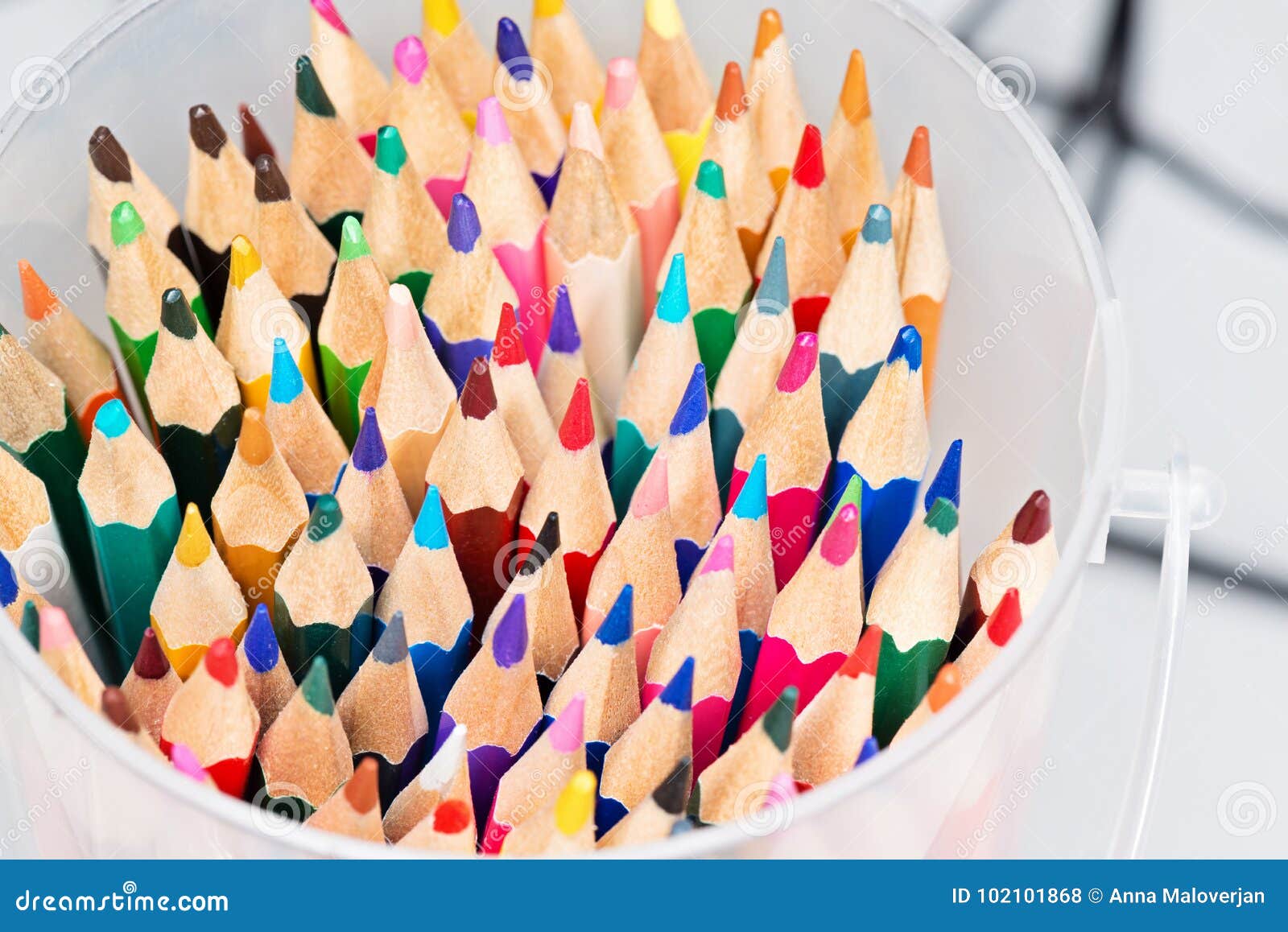 Colored pencils in a box stock photo. Image of drawing - 102101868