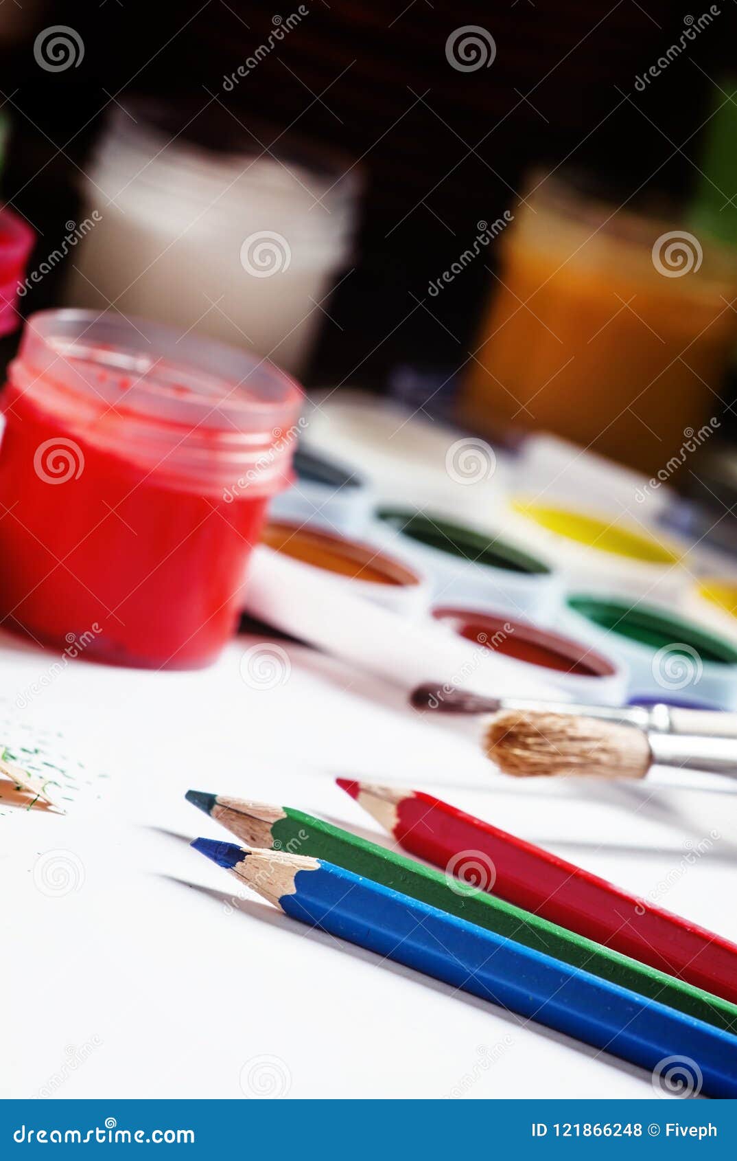 Colored Pencils and Paints - Drawing Tools, Selective Focus Stock Photo ...