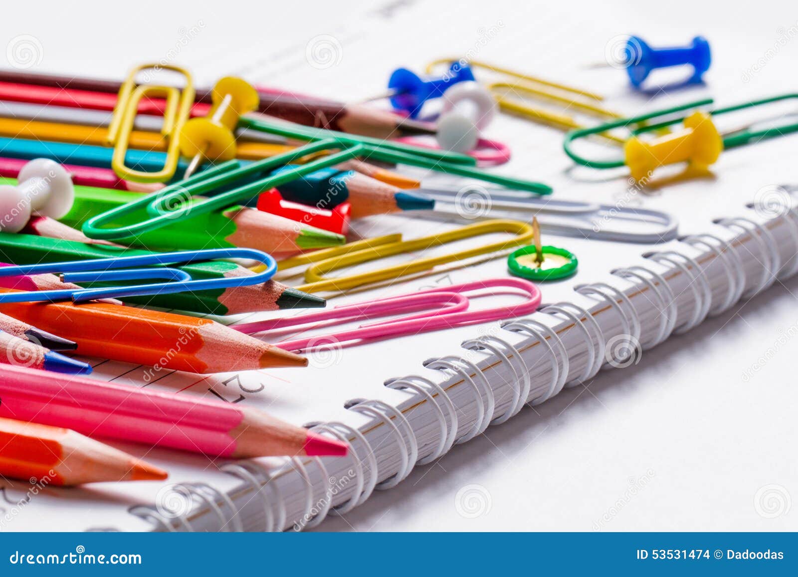 Colored Pencils, Paper Clips and Buttons Stock Photo - Image of clip ...
