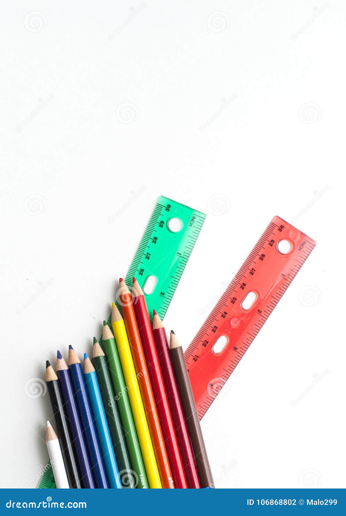 Colored Pencils and Rulers on White Background Stock Photo - Image of ...
