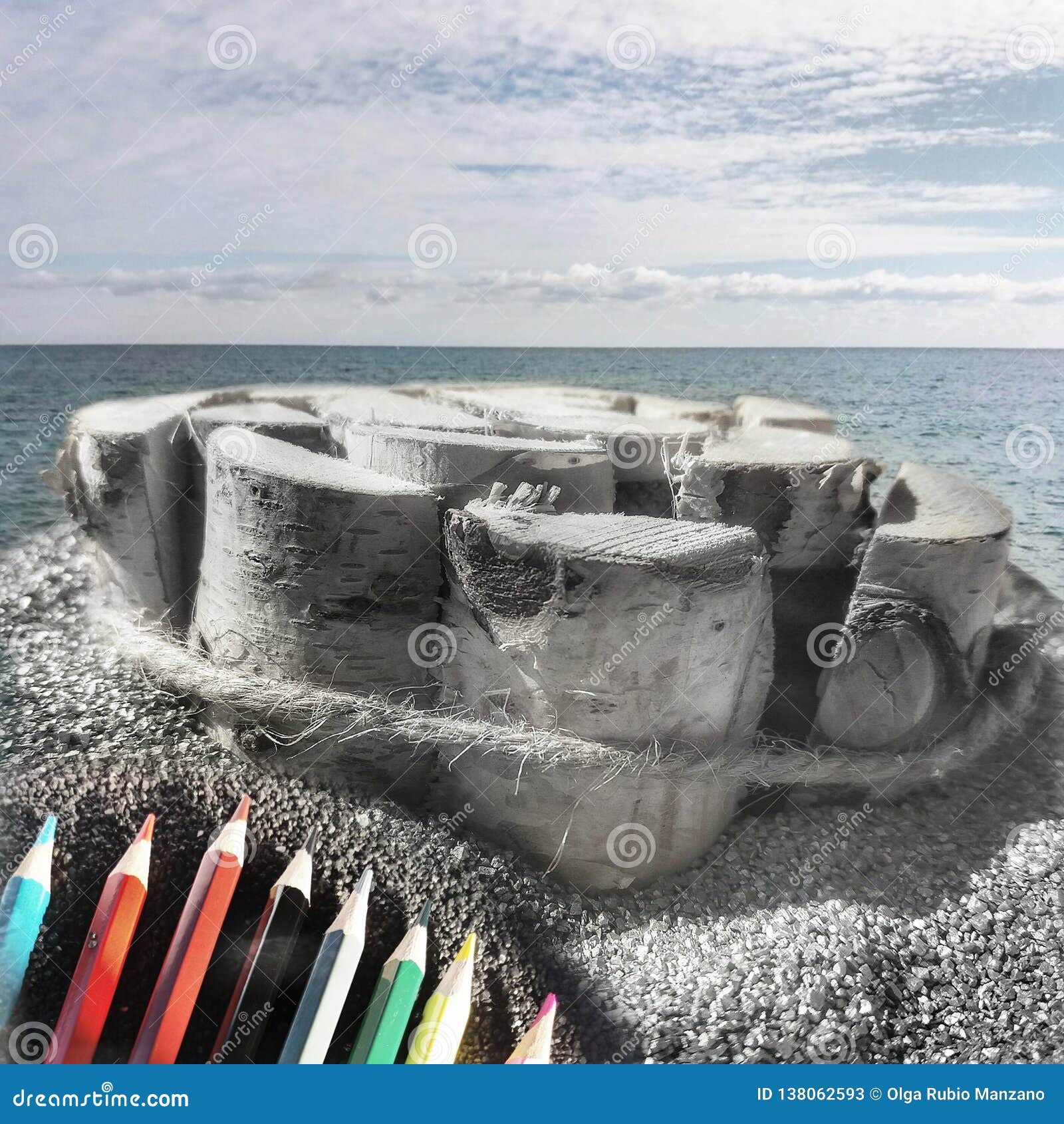 Colored pencils with sea stock image. Image of wood - 138062593