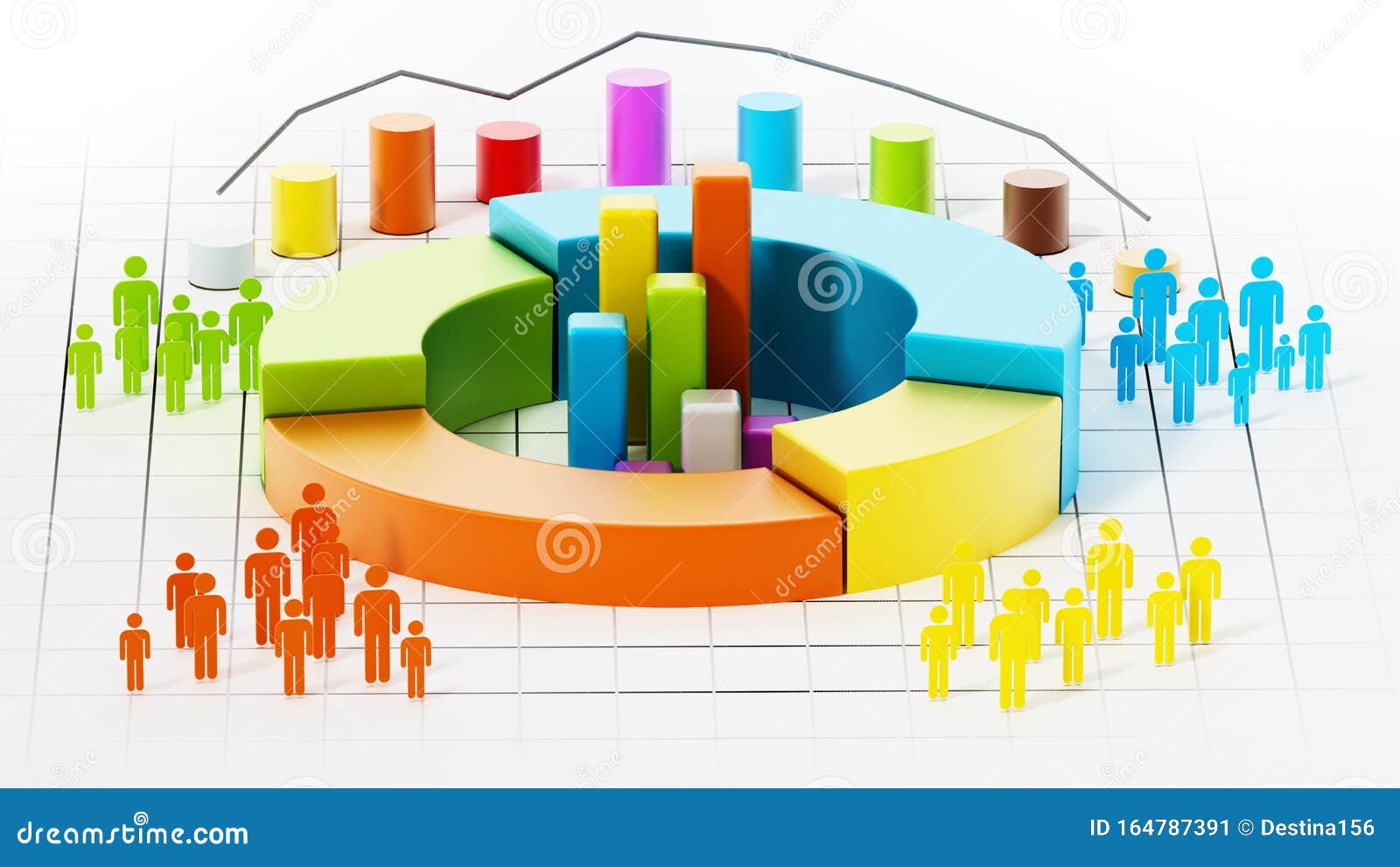 Colored People Silhouettes Around Charts. 3D Illustration ...