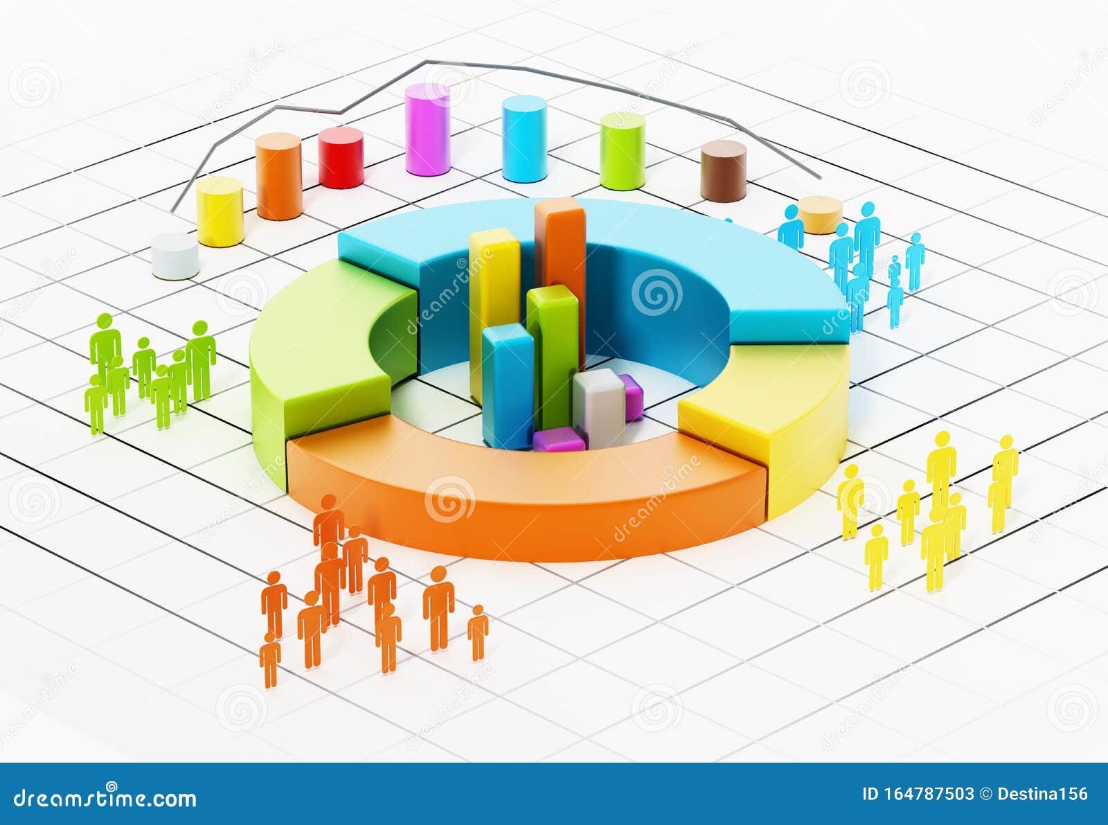 Colored People Silhouettes Around Charts. 3D Illustration Stock ...
