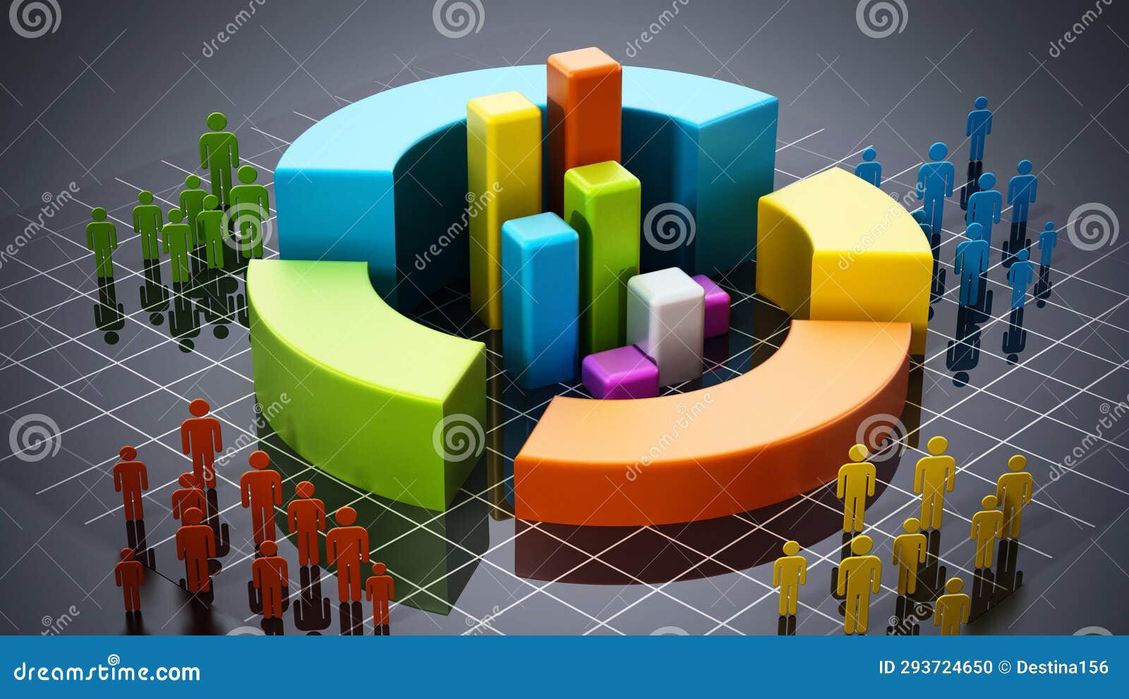Colored People Silhouettes Around Charts. 3D Illustration Stock ...