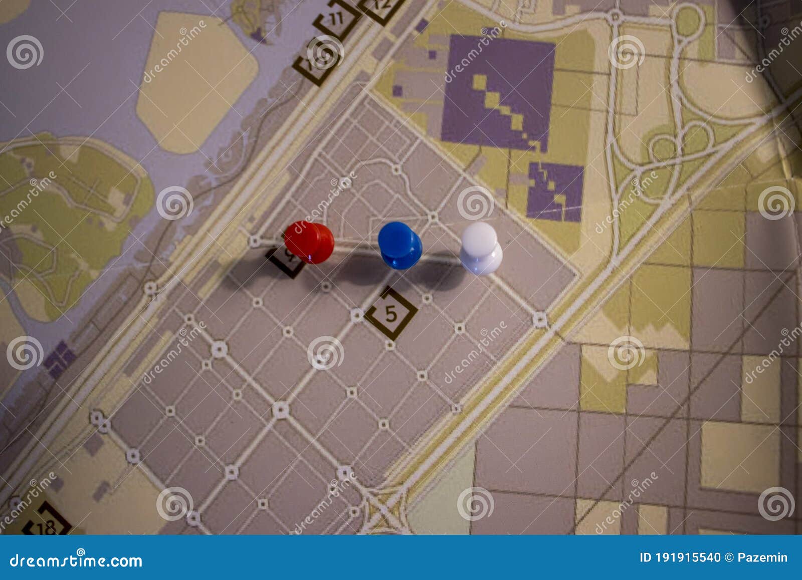 Colored pins on the map stock photo. Image of plan, white - 191915540