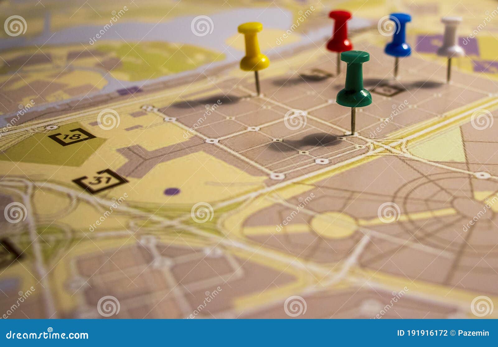 Colored pins on the map stock photo. Image of stationery - 191916172