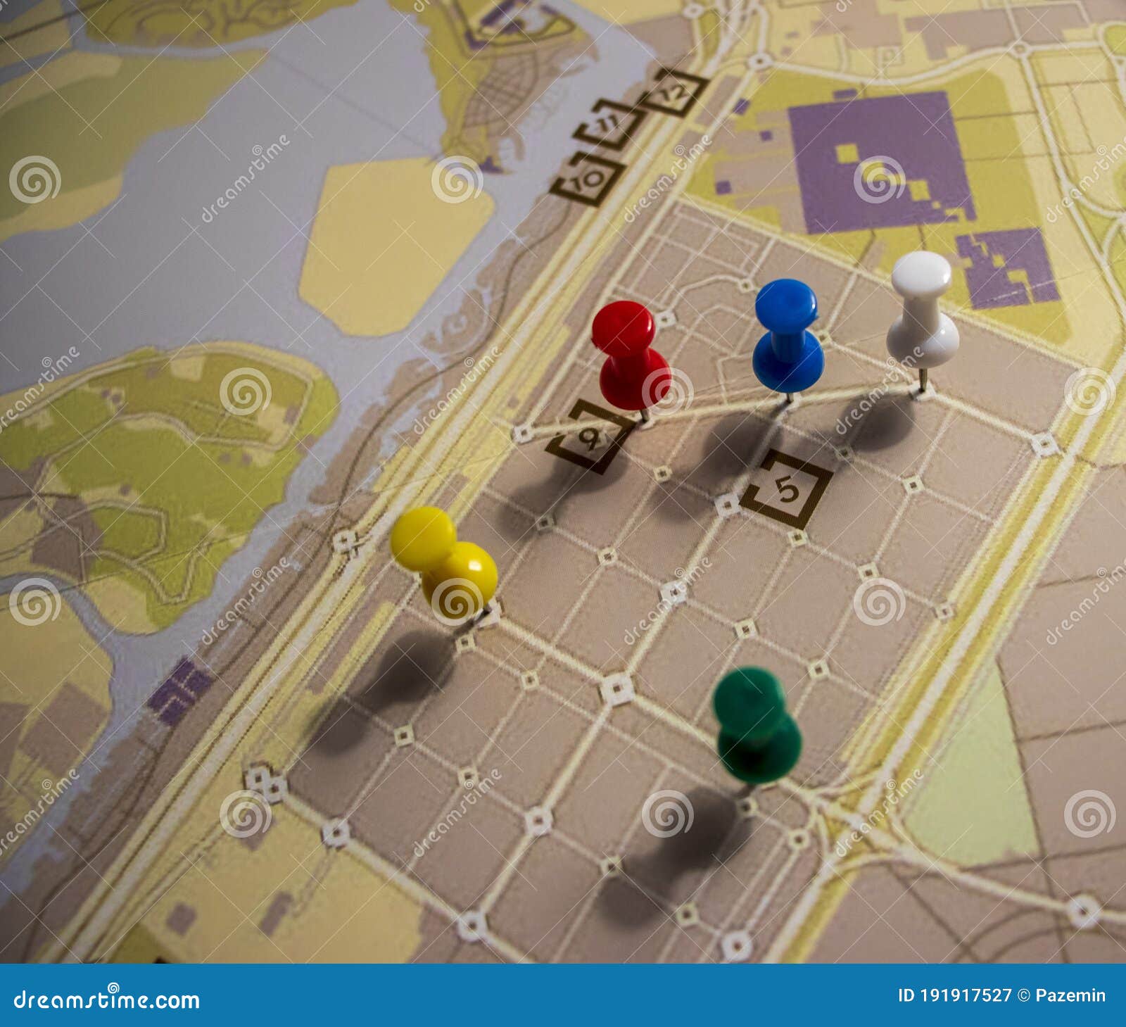 Colored pins on the map stock image. Image of plan, civil - 191917527