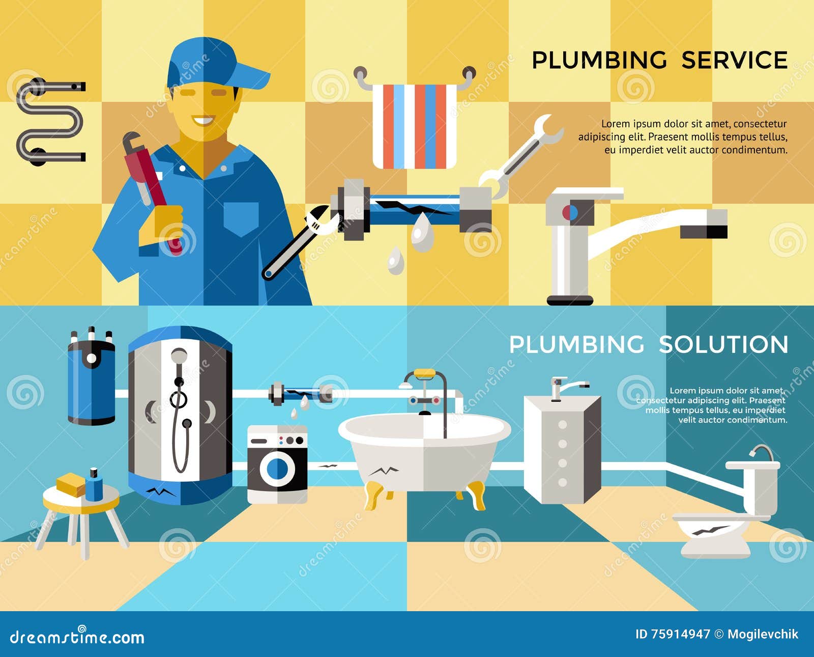 Colored Plumbing Concept Banner Set Stock Vector - Illustration of ...