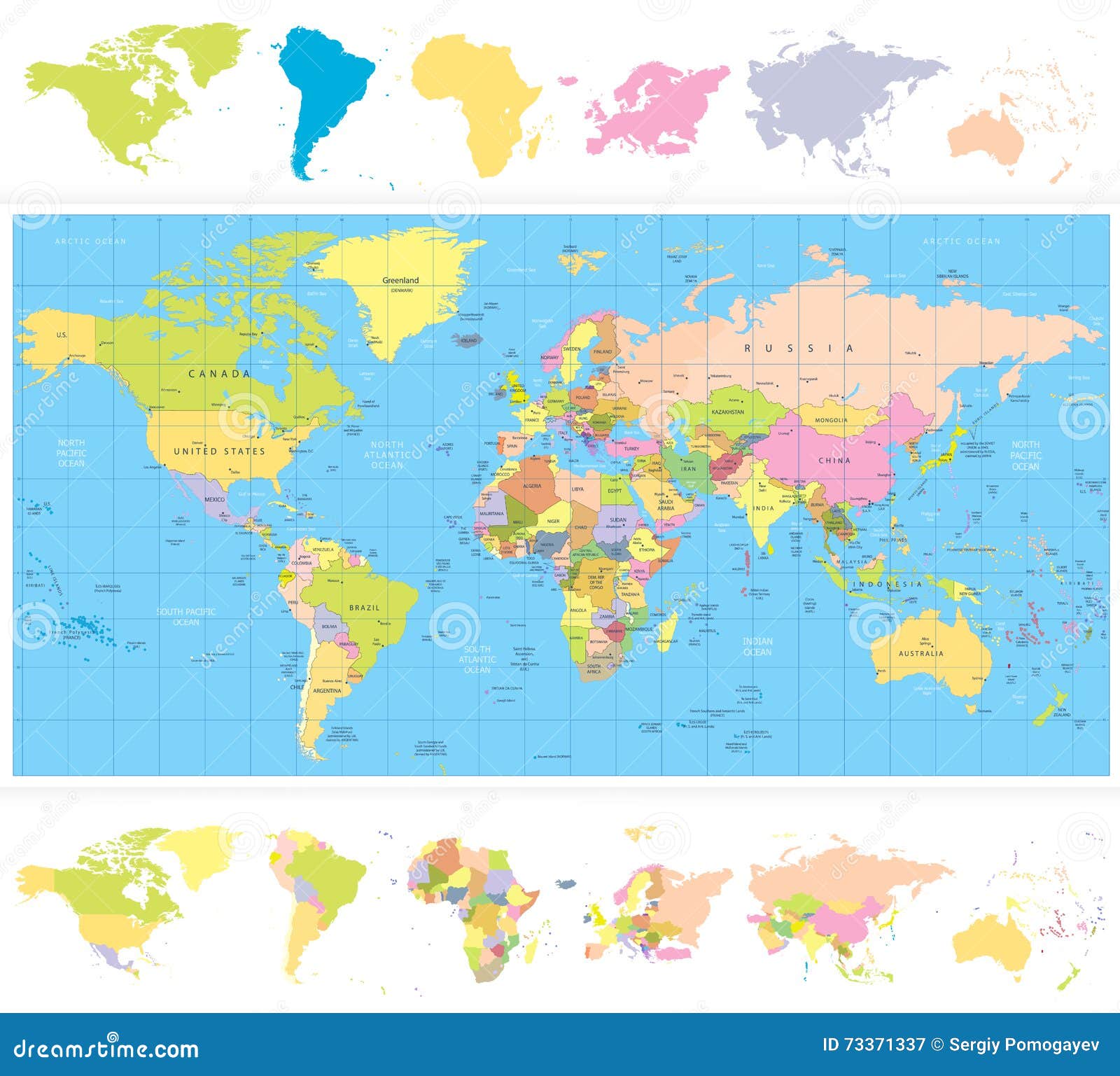 Colored Political World Map with Continnets Stock Vector - Illustration ...