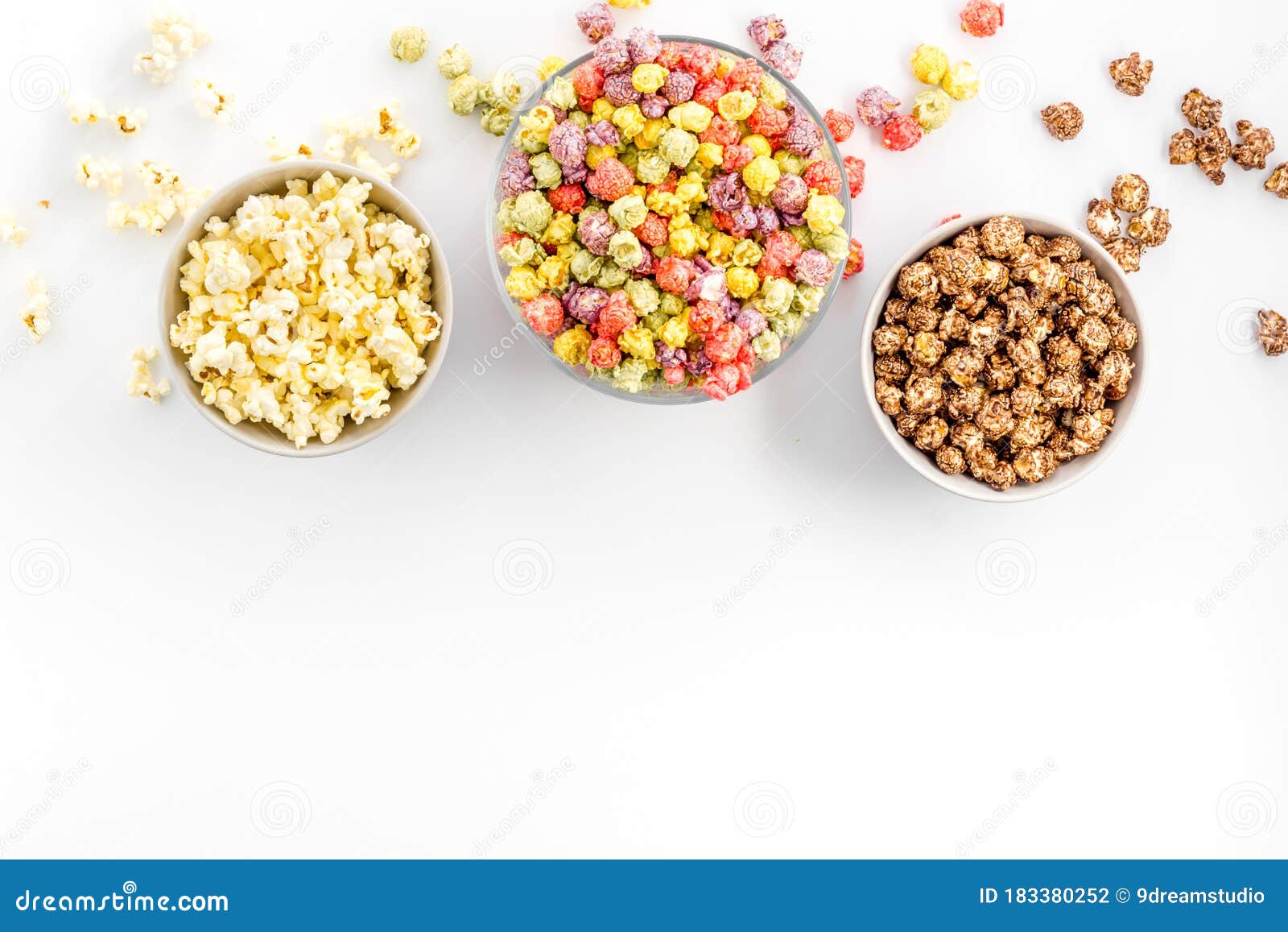 Colored Popcorn in Box on White Background Top View Copy Space Stock ...